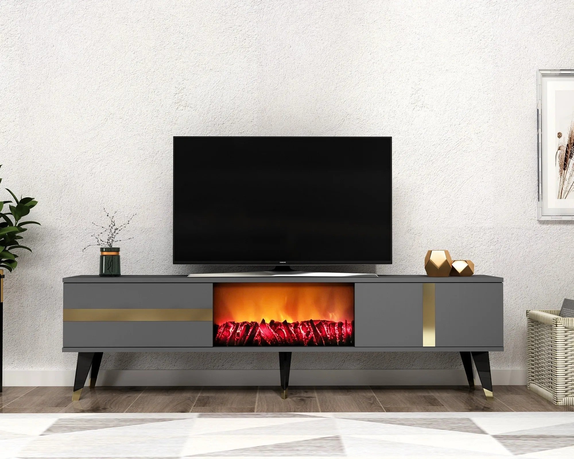 Meuble TV avec cheminée électrique - Cheminée Varna - Anthracite-Or ...