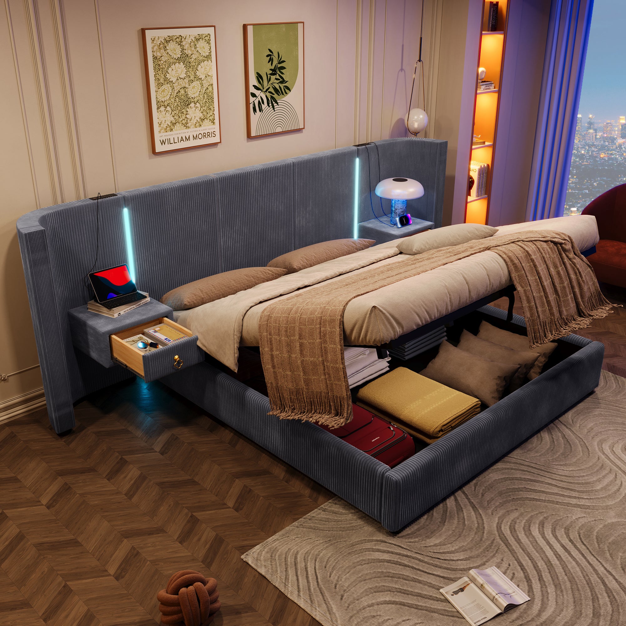 Letto imbottito 180x200 cm - LED sotto il letto, contenitore idraulico ...
