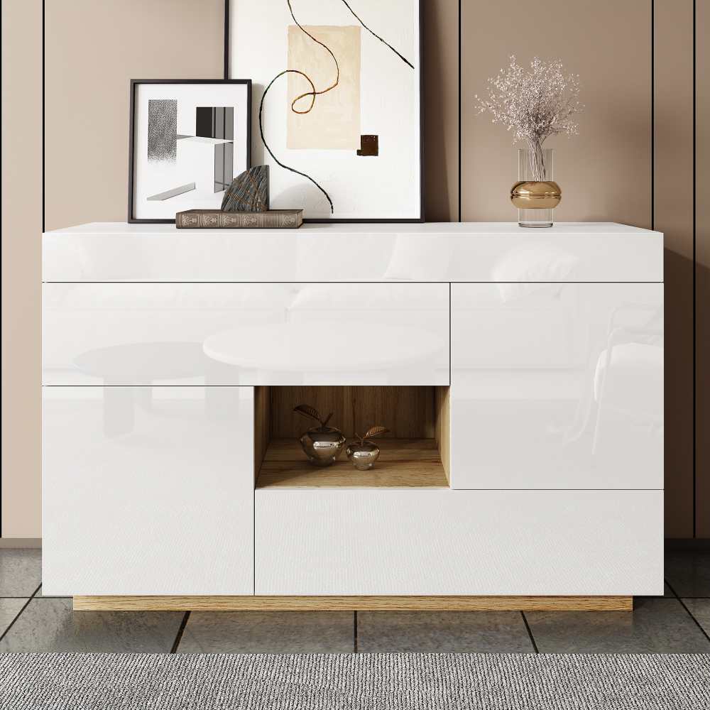 Buffet moderne blanc laqué avec LED multicolore, vitrine élégante ...