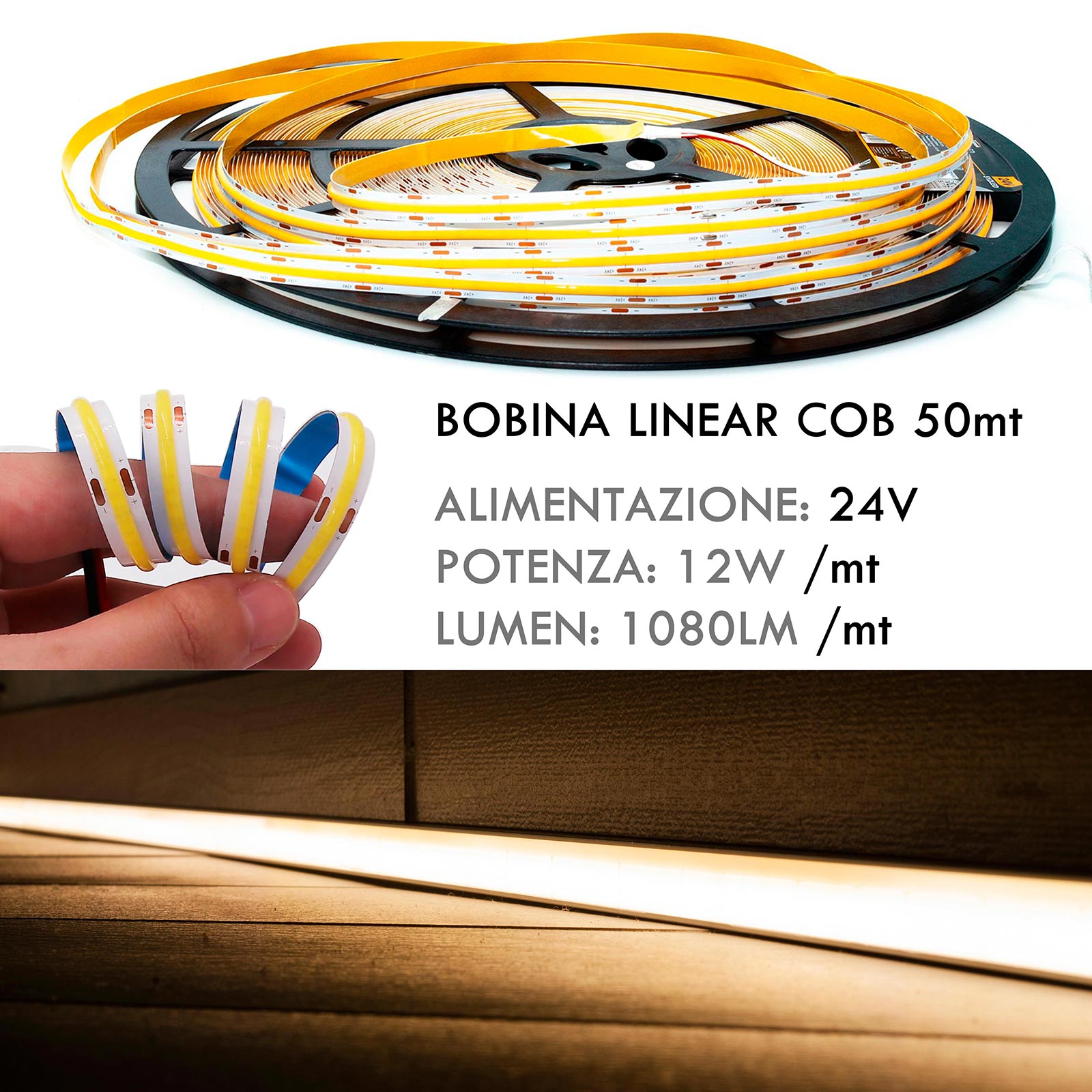 Tira LED Flexible LINEAL COB 24V luz continua lama 12W/m perfiles barras 1080lm/m BOBINA 50 ...