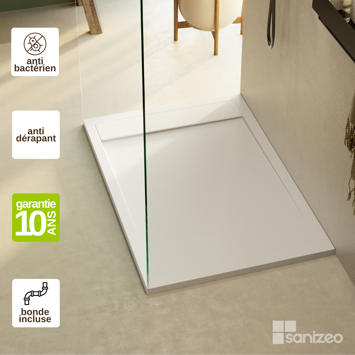 Receveur de Douche Extraplat 80x80x3cm Blanc en Résine Minérale - Antidérapant, Texture Ardoise ...