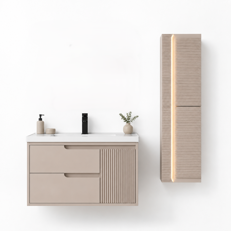 Mueble de baño con lavabo y armario alto - 80 cm - Caqui - SEREN ...