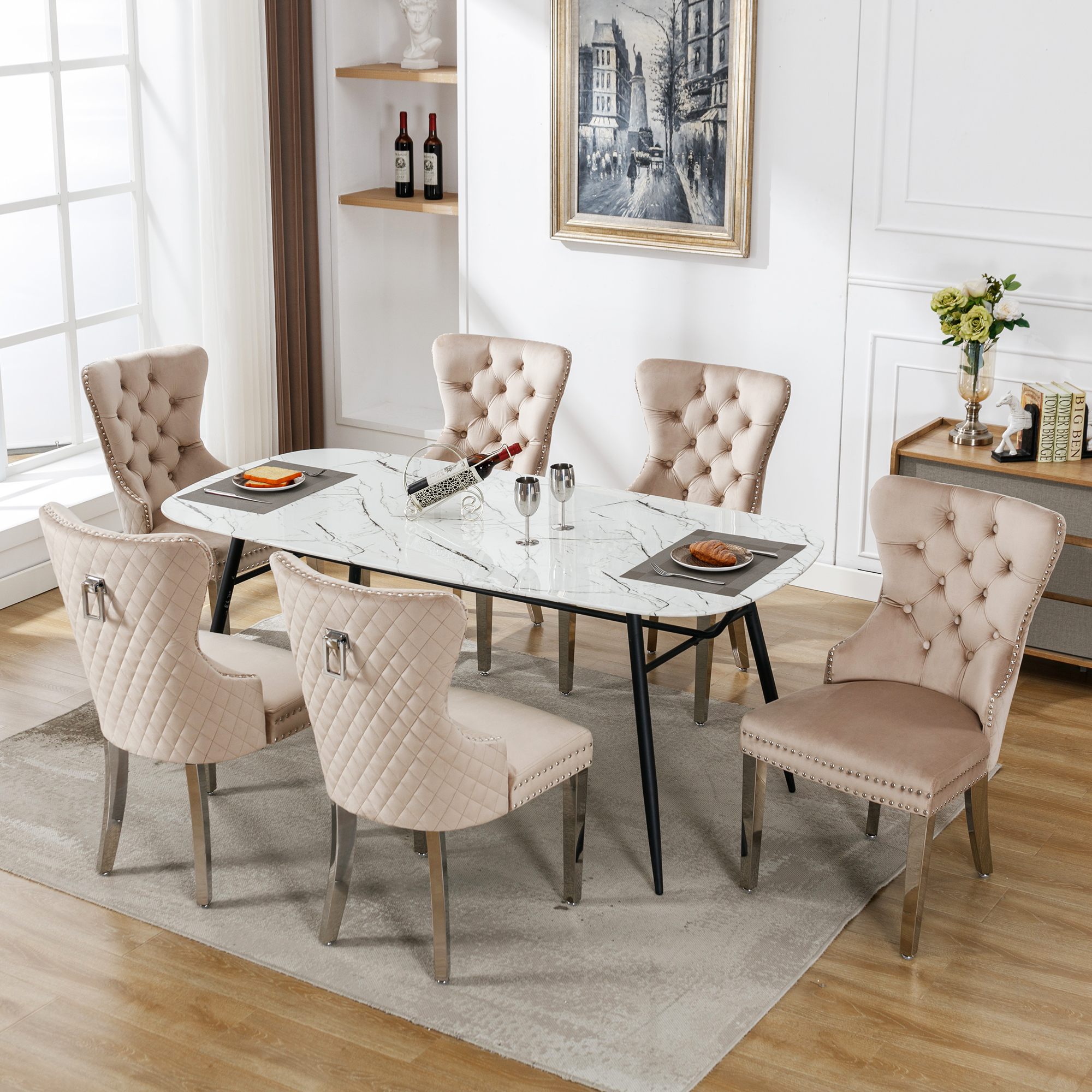 Set di 6 sedie per sala da pranzo Velluto e metallo Schienale con motivo a rombi Beige