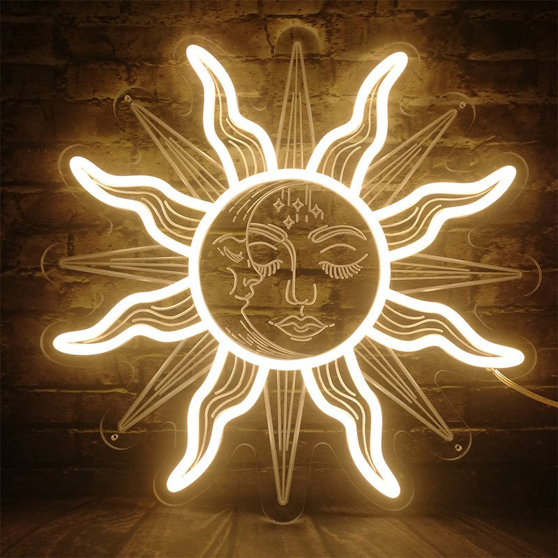 Vintage Burning Sun and Moon Neon Sign Light, Céleste Mystique Soleil ...