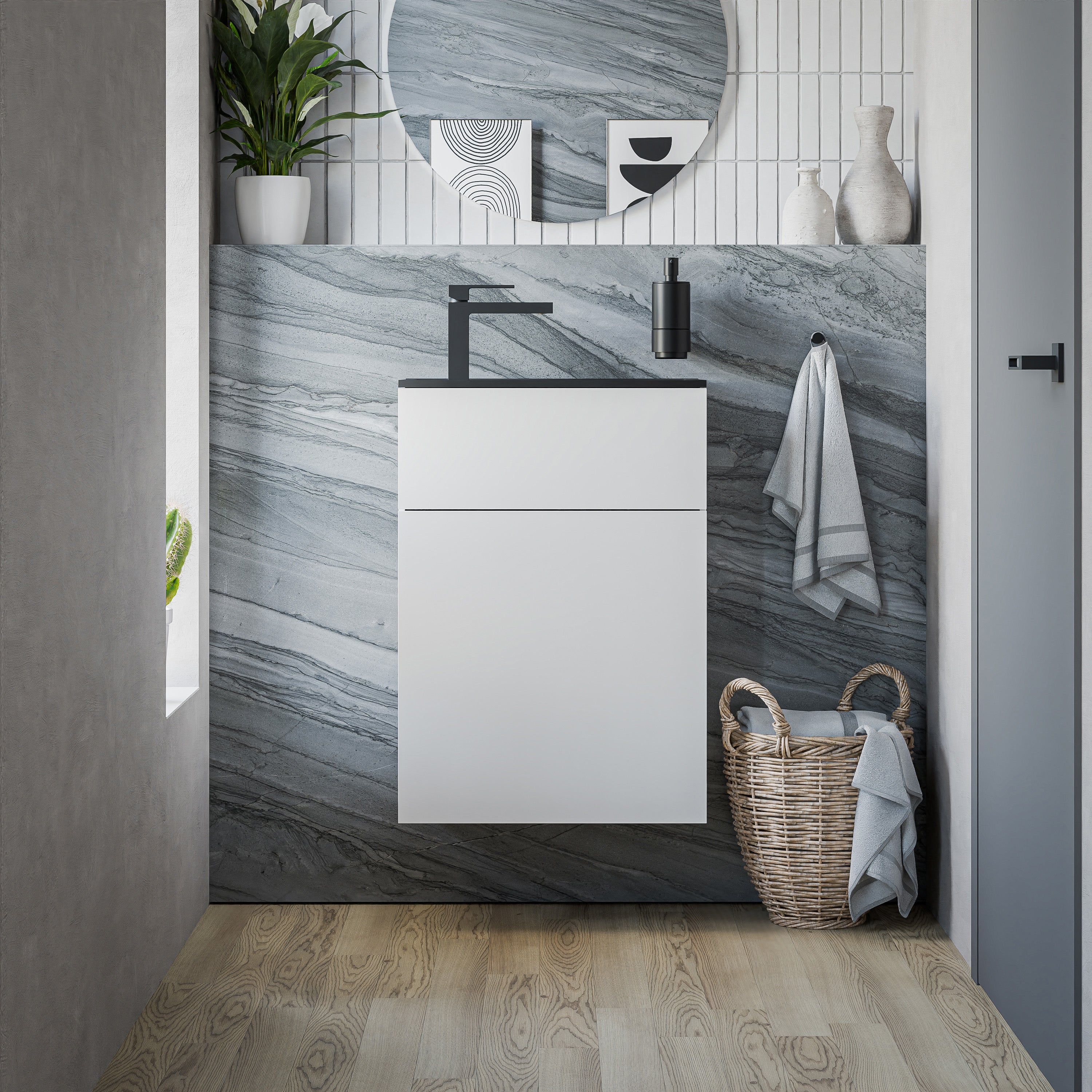 BERNSTEIN Mueble lavabo suspendido MDF blanco mate + Lavabo negro mate ...