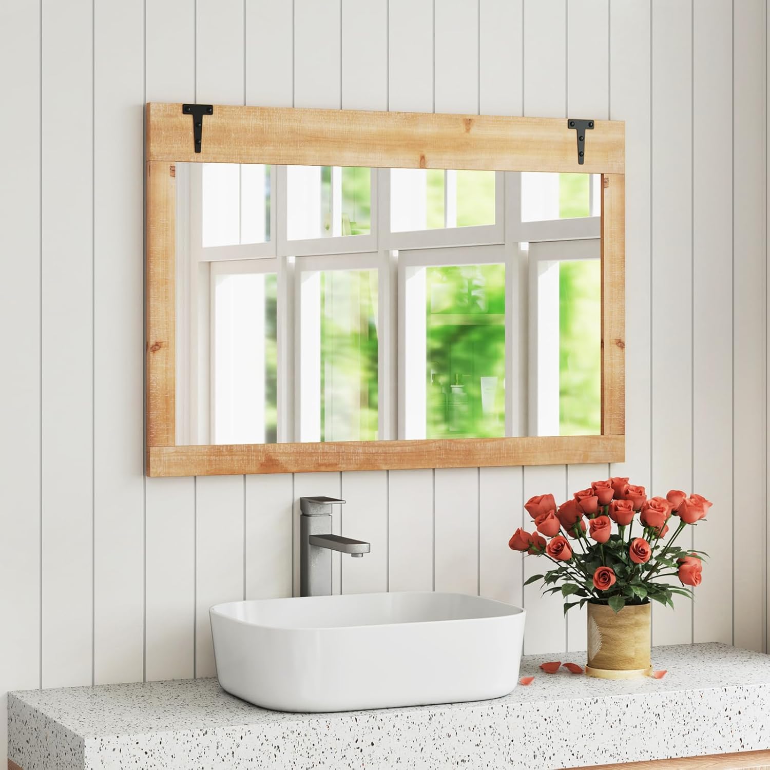 Grand Miroir Mural 97 x 67 cm, Cadre en Bois de Sapin Rustique ...