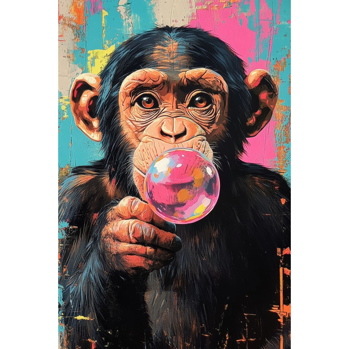 Tableau mural encadré chimpanzé à la bulle de chewing-gum 65x97 cm ...