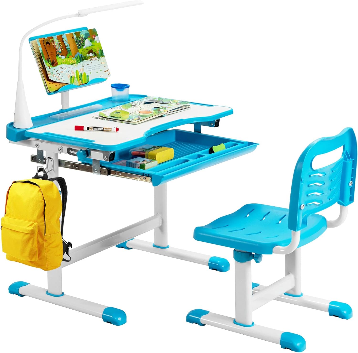 Bureau Enfants avec Chaise, Réglable en Hauteur, Éclairage LED, Plateau ...