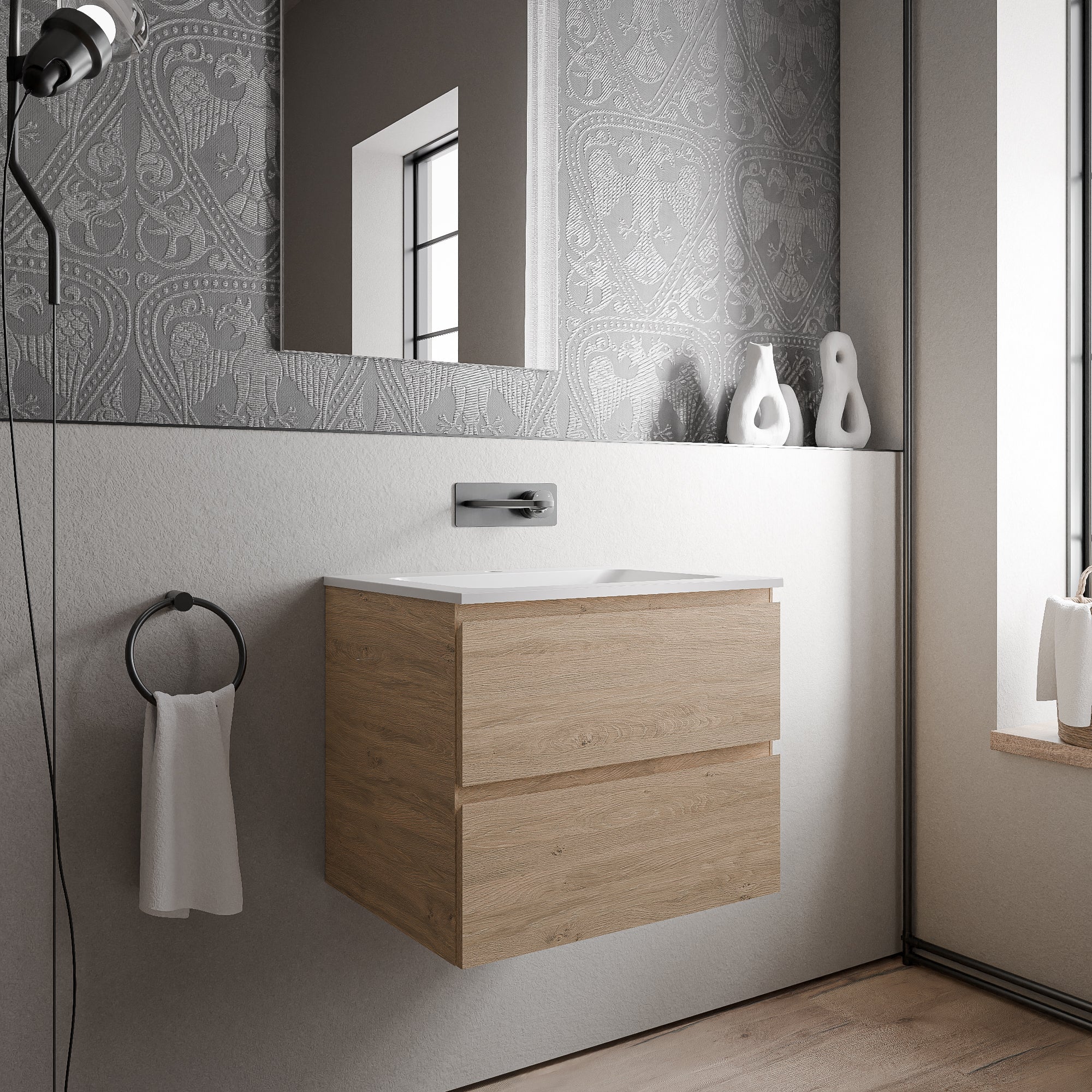 BERNSTEIN Mueble lavabo suspendido MDF Lavabo fundición roble miel ...