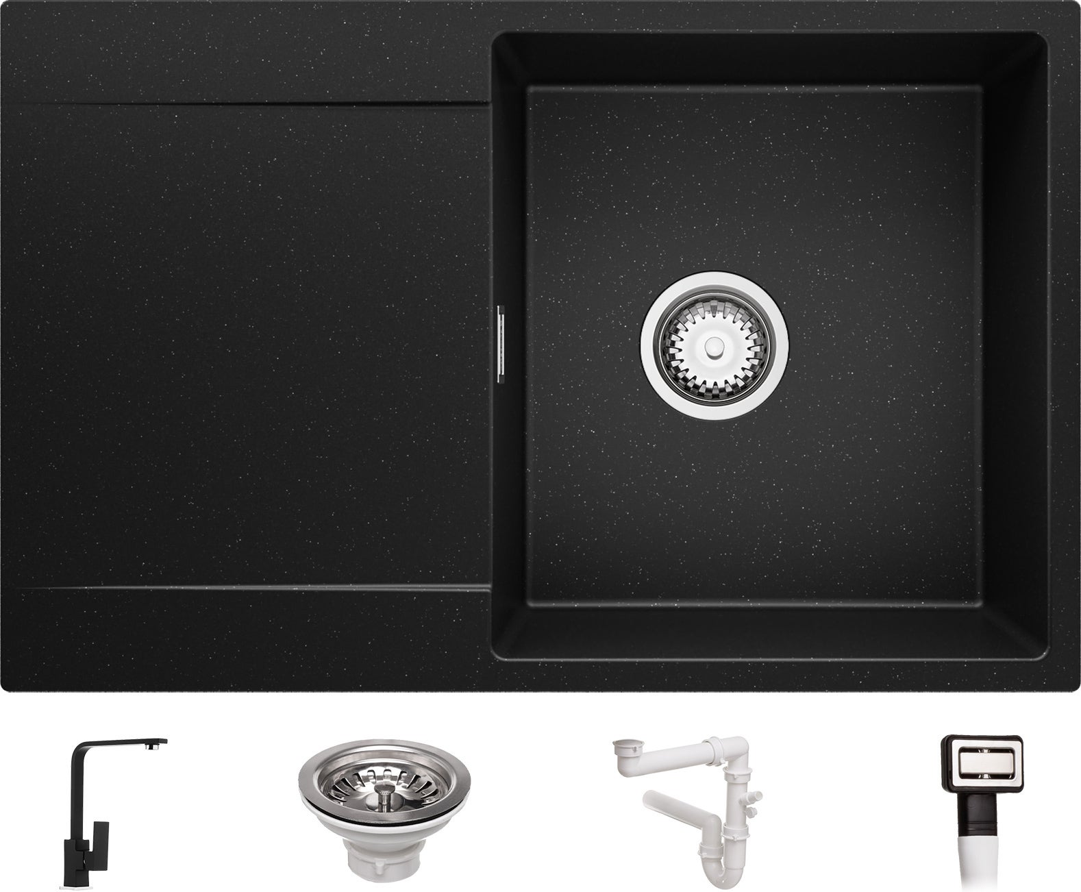Evier Cuisine en Granit Noir Métallisé 78x50cm, 1 bac + Kit de Vidage ...