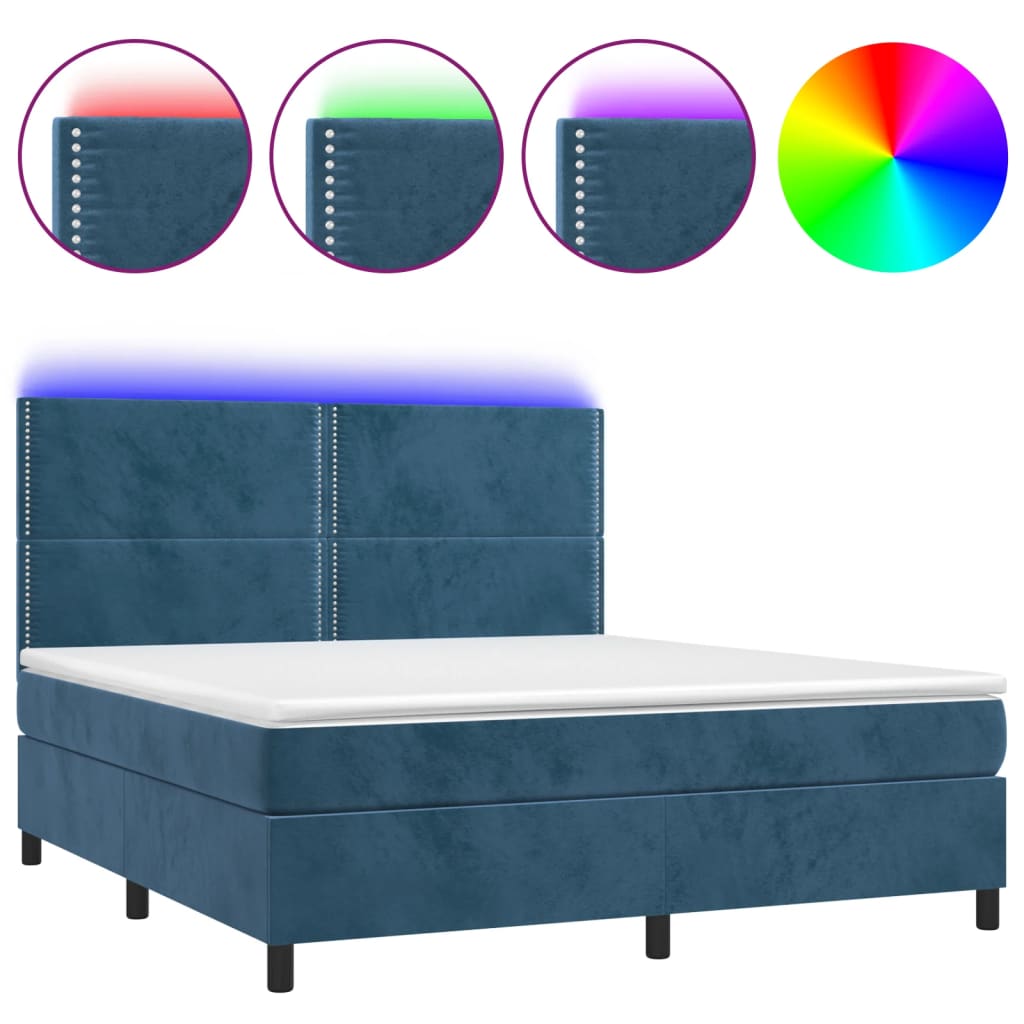 Lit boxspring avec matelas en velours bleu foncé et LED 180x200 cm ...