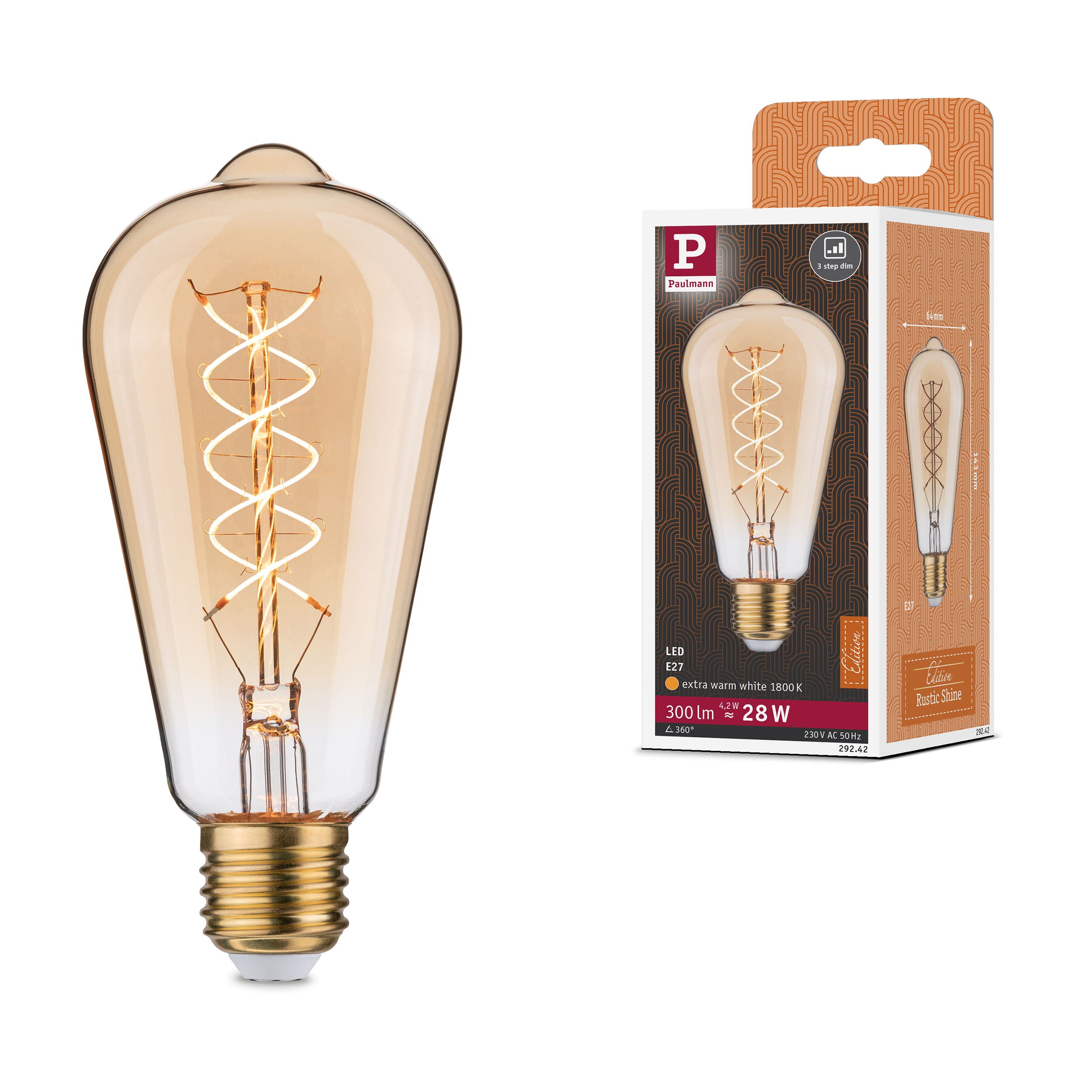 Rustic Shine Standard 230 V Ampoules LED Filament en forme de S 300lm 4,2W 1800K gradable Doré ...