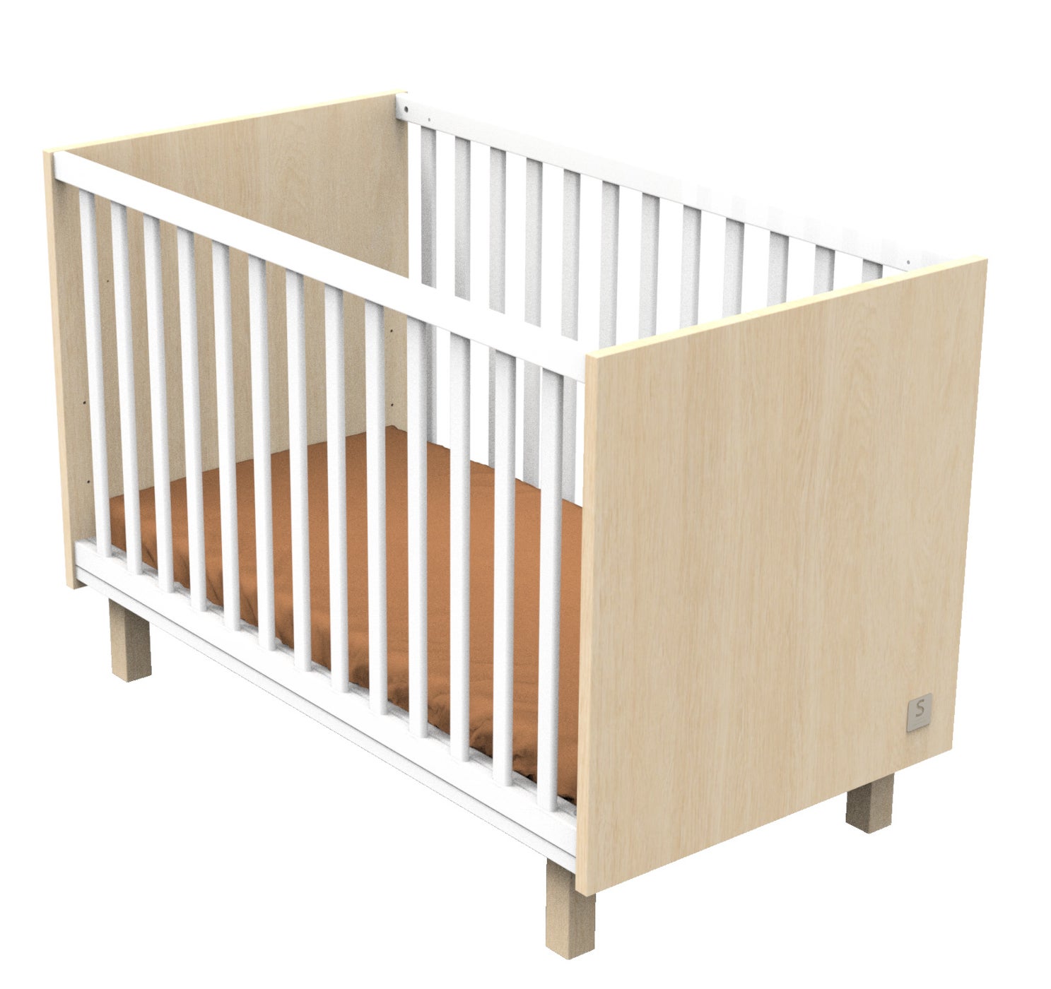 Lit bébé 120x60 avec pieds décor chêne velours et balustres blancs ...