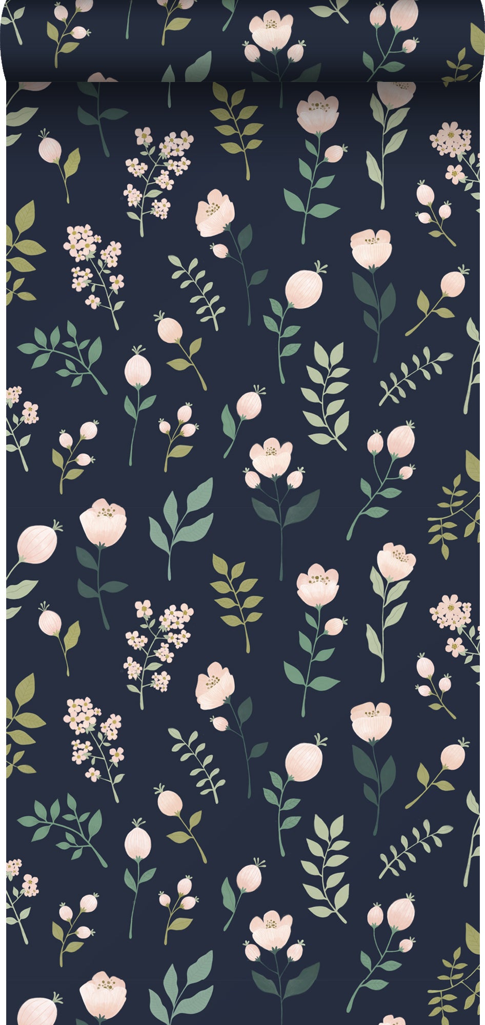 Papier peint fleurs bleu foncé, rose et vert - 53 cm x 10.05 m ...