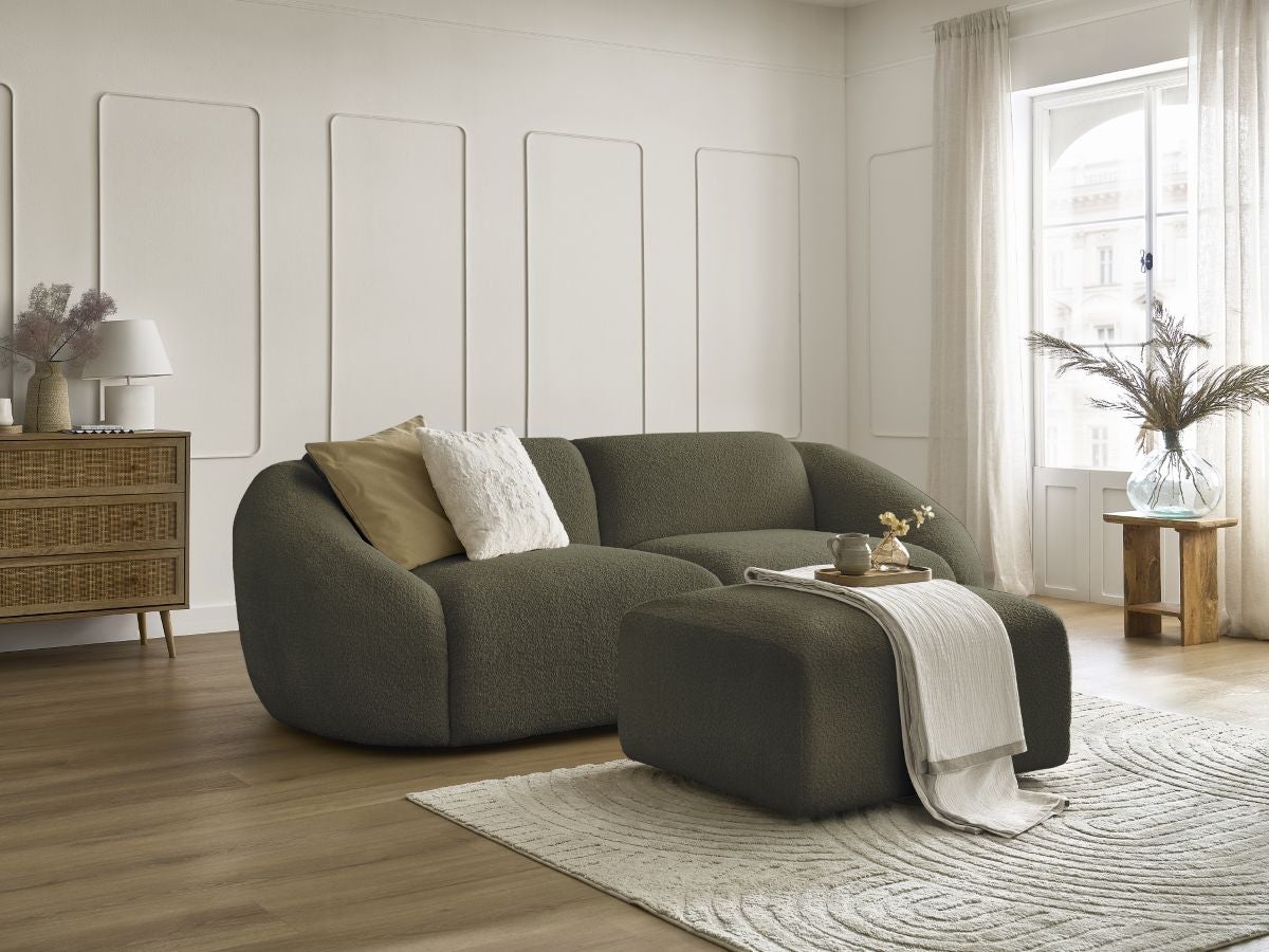 BOBOCHIC Canapé droit fixe 3 places TINA tissu bouclette avec pouf Vert ...