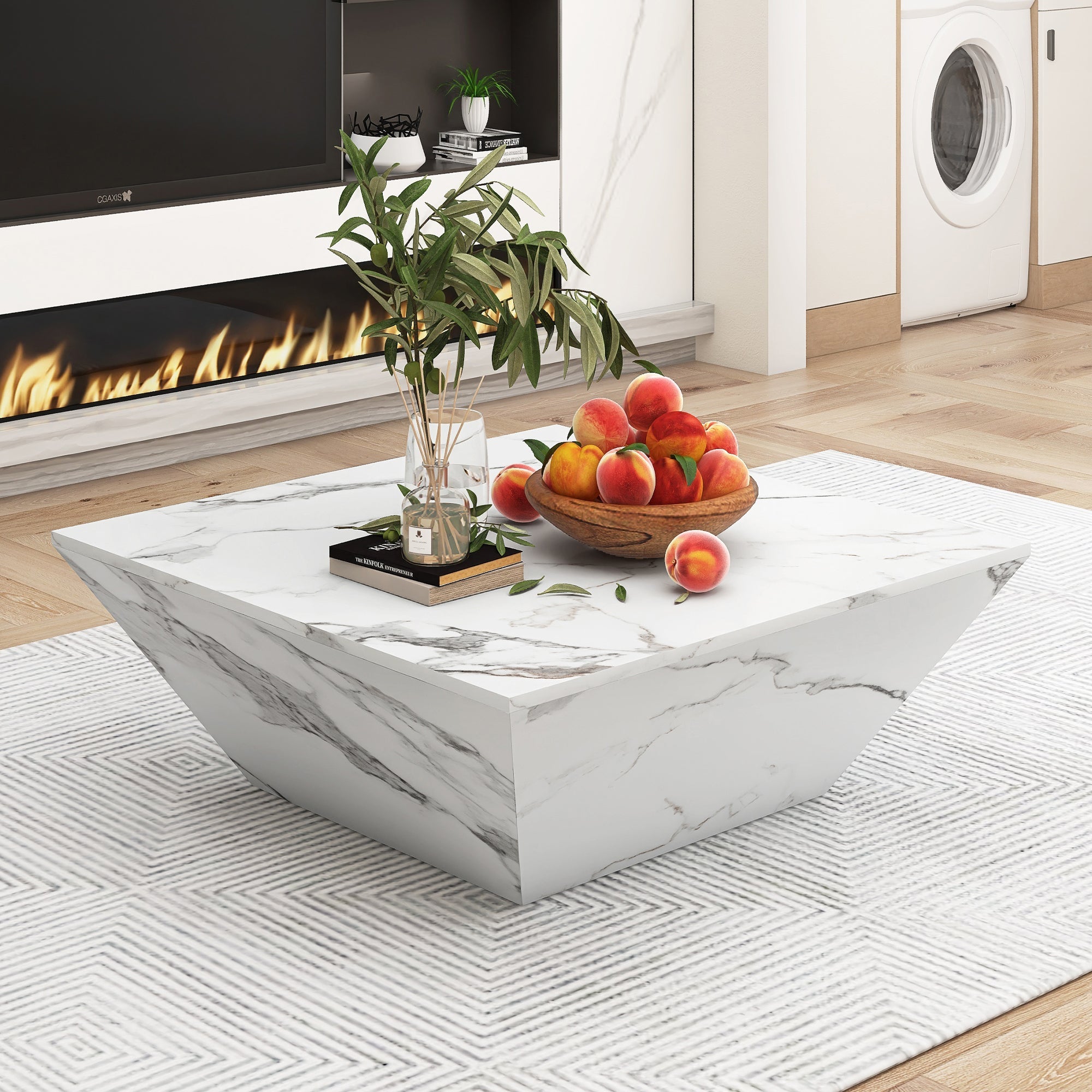 Table basse trapézoïdale 70x70x37 cm, plateau effet marbre, MDF blanc ...