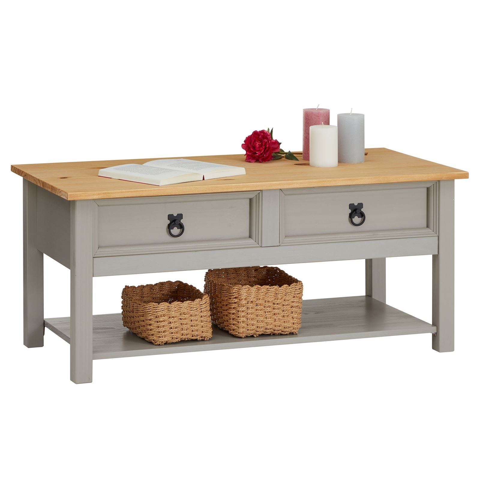 Table basse TEQUILA style mexicain avec 2 tiroirs, en pin massif gris ...