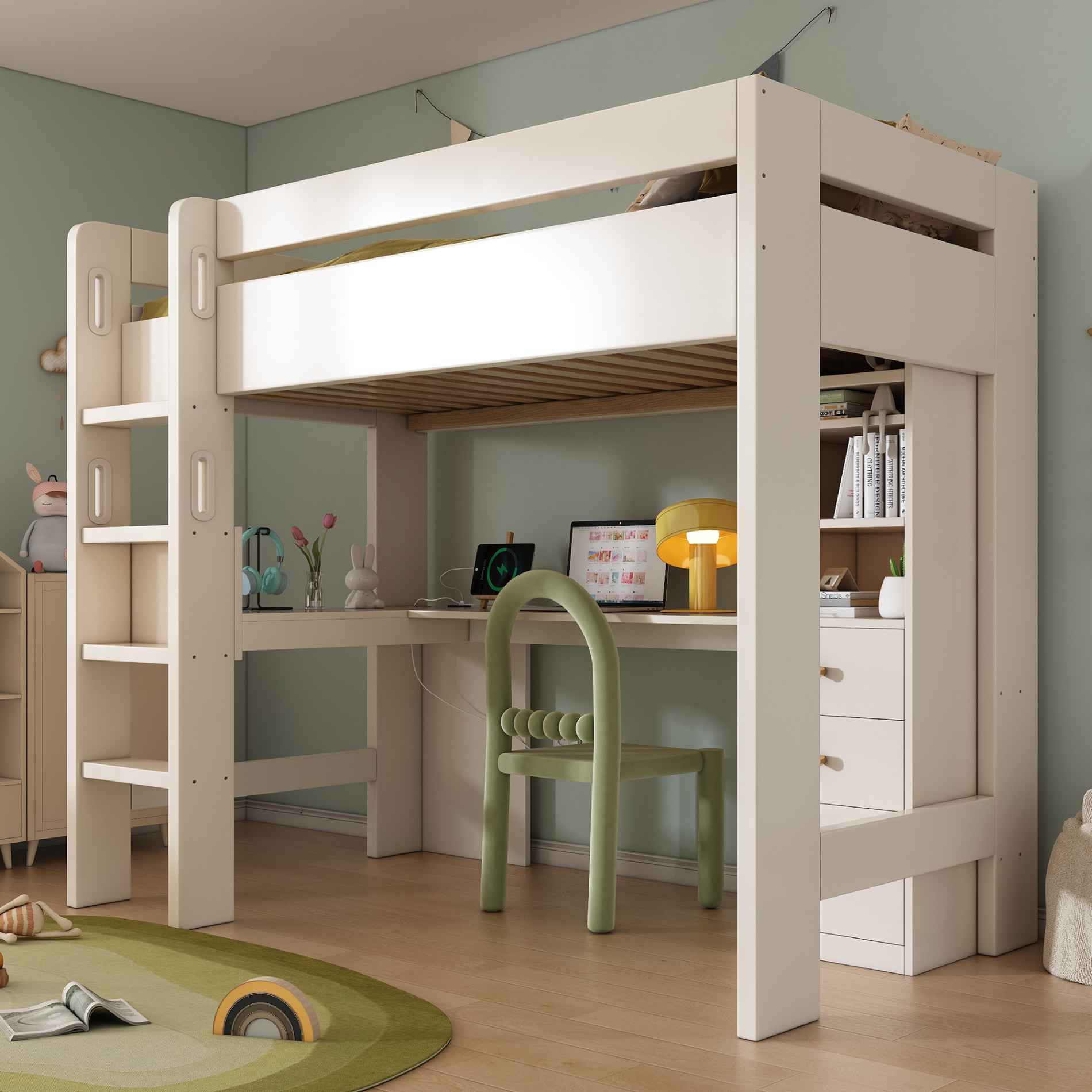 Lit en hauteur pour enfant avec bureau L, étagères, tiroirs et prises ...