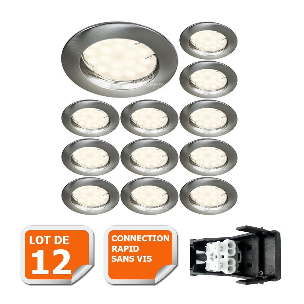 Lot De 12 Spot Led Encastrable Complète Ronde Fixe Alu Brossé Blanc