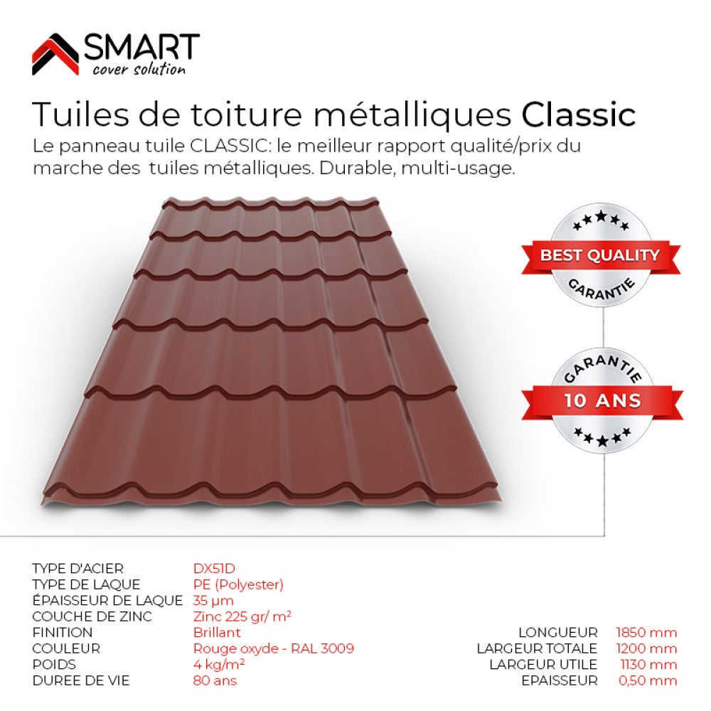 Tuile de toiture métallique CLASSIC Coloris Rouge Oxyde RAL 3009 ...