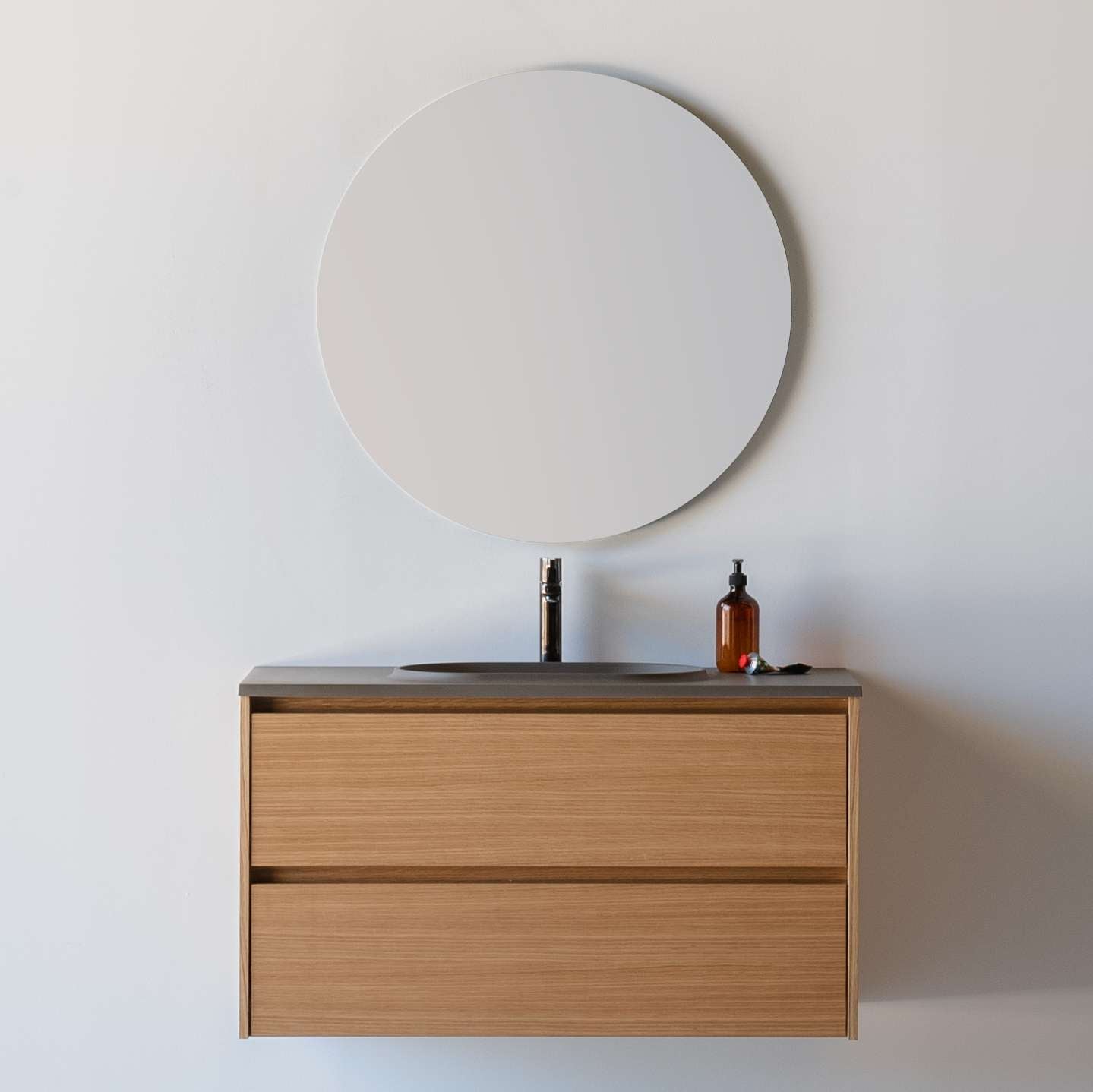 Ensemble meuble de salle bain 80 cm chêne plan vasque marron POALGI 2 tiroirs - série Bül ...