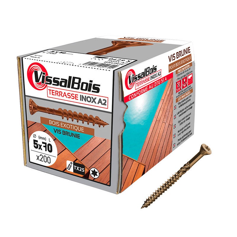 Boite 200 vis terrasse 5 X 70mm tête réduite brunie inox A2 - | Leroy ...