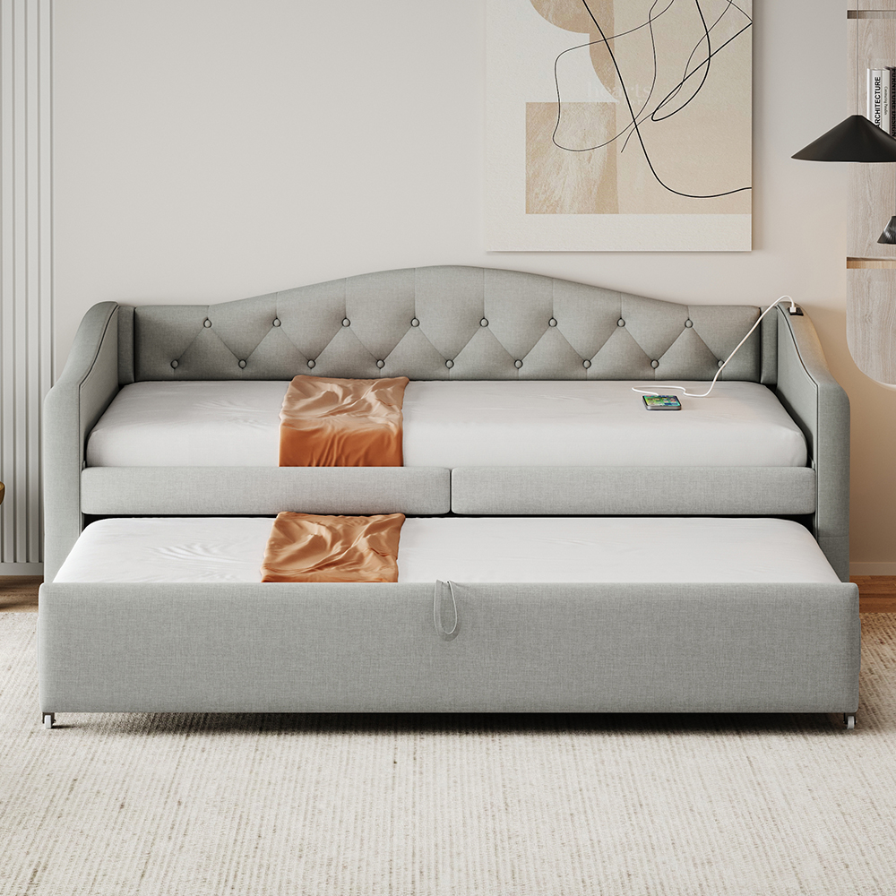 Lit rembourré, canapé-lit extensible 90*200 cm, avec port USB, forme classique avec boutons, lin ...