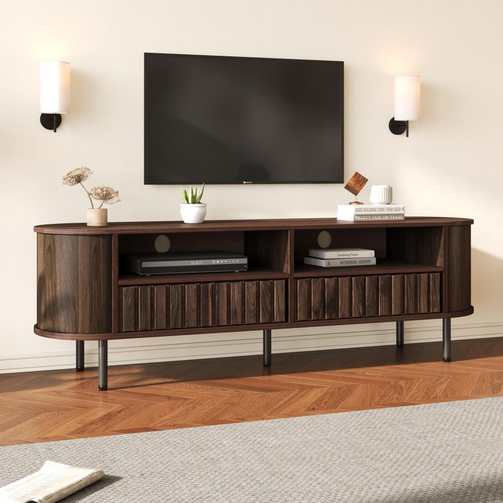 Meuble TV 160 cm MDF effet noyer avec rangements, lowboard pour ...
