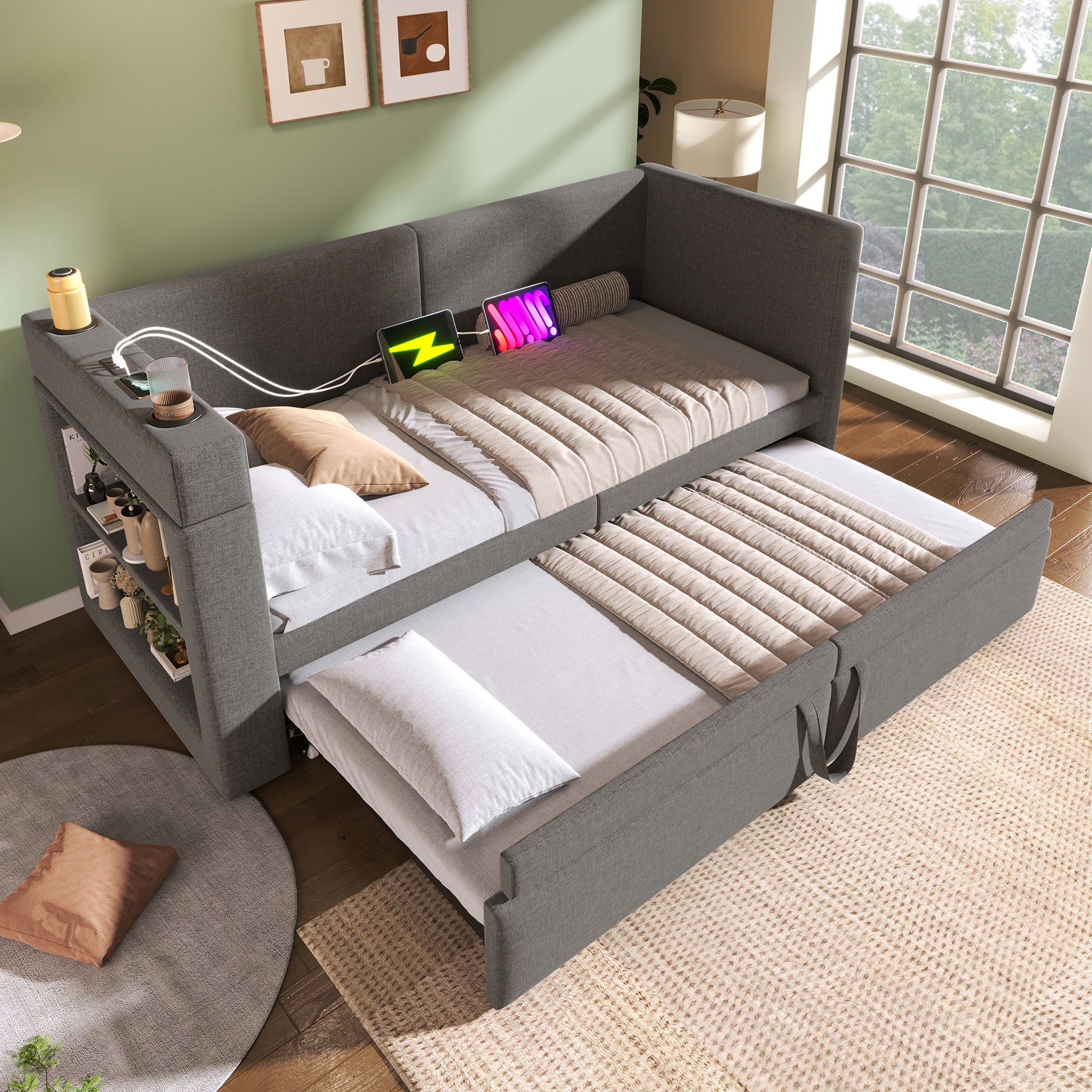 Sofá cama tapizado 90 x 200 cm - con cama nido 90 x 200 cm - con USB y Type-C - con portavasos ...