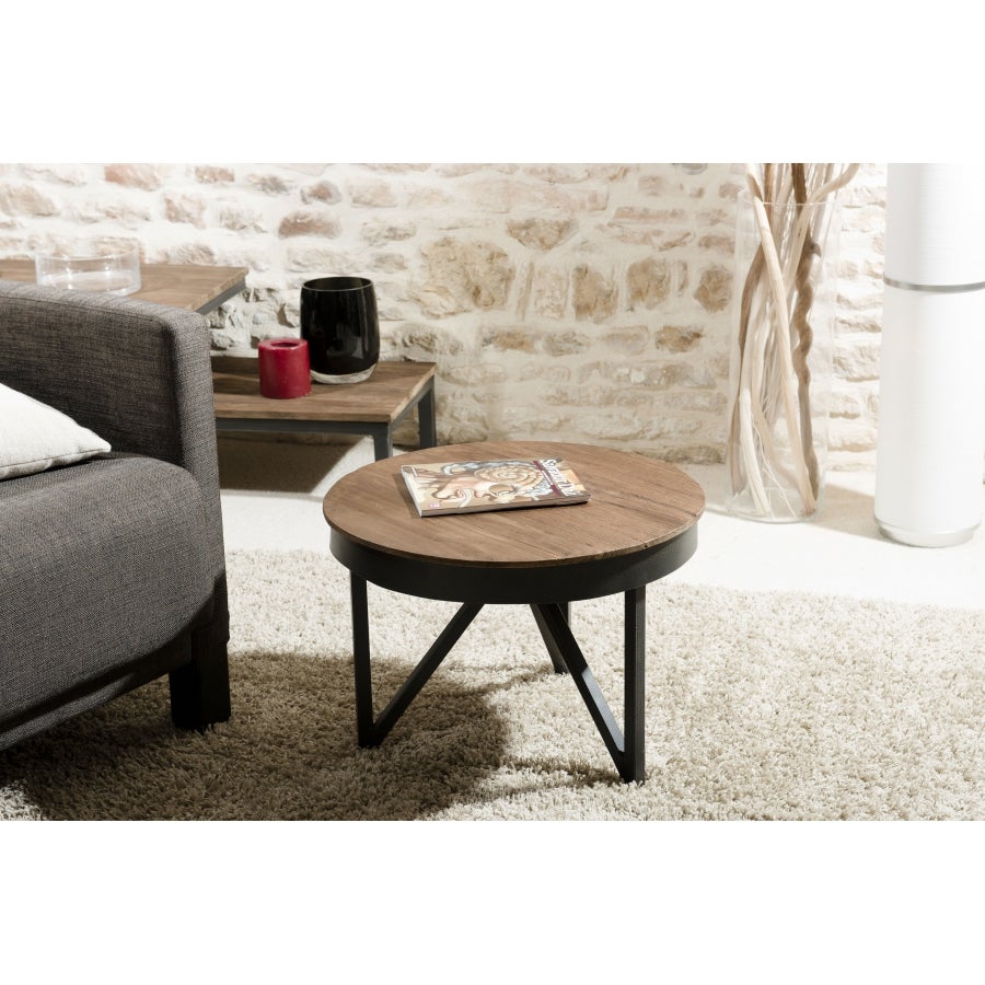 ALIDA - Table basse ronde d'appoint 50x50cm plateau teck recyclé pied ...