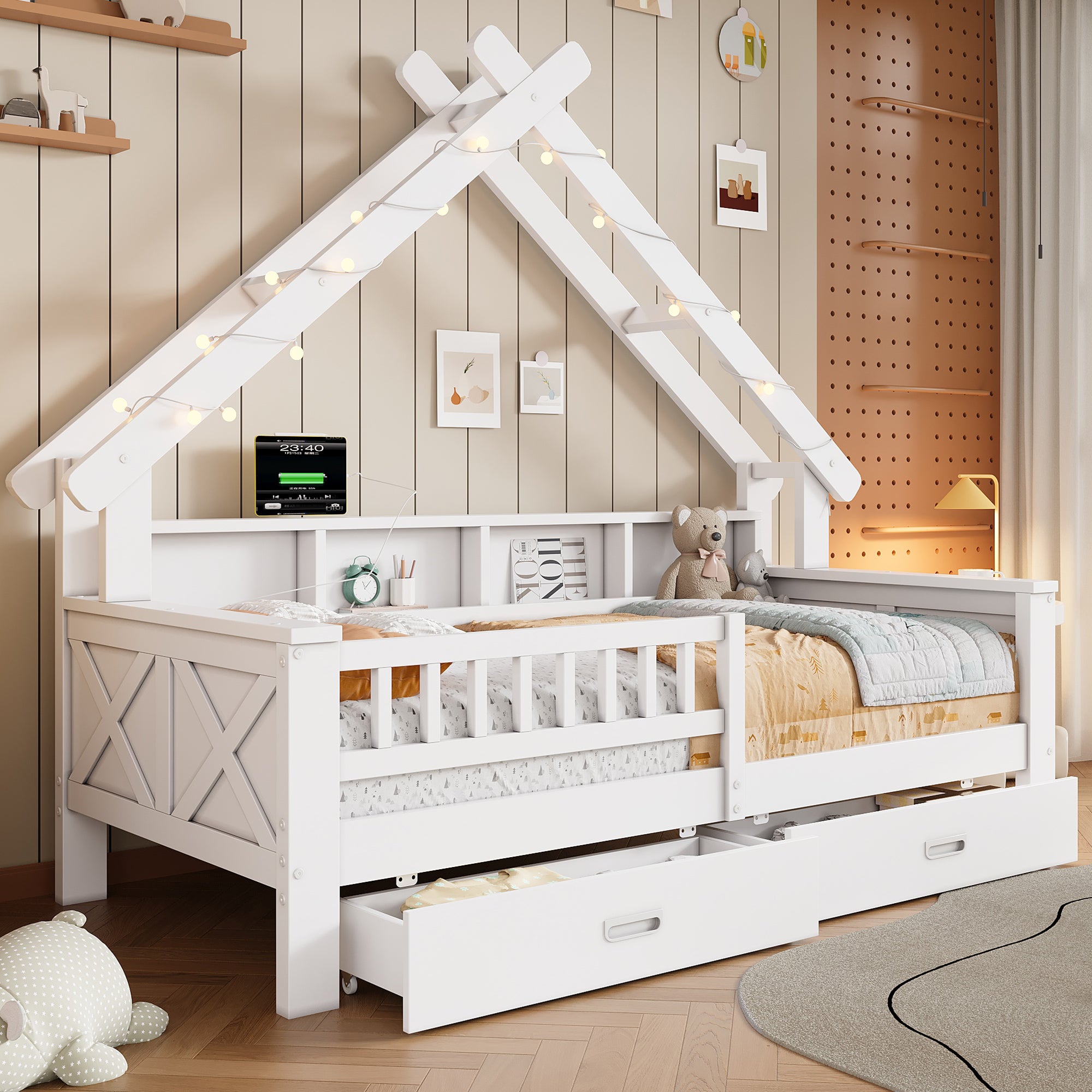 Cama casita infantil 90x200 cm - con LED - 2 cajones y compartimentos ...