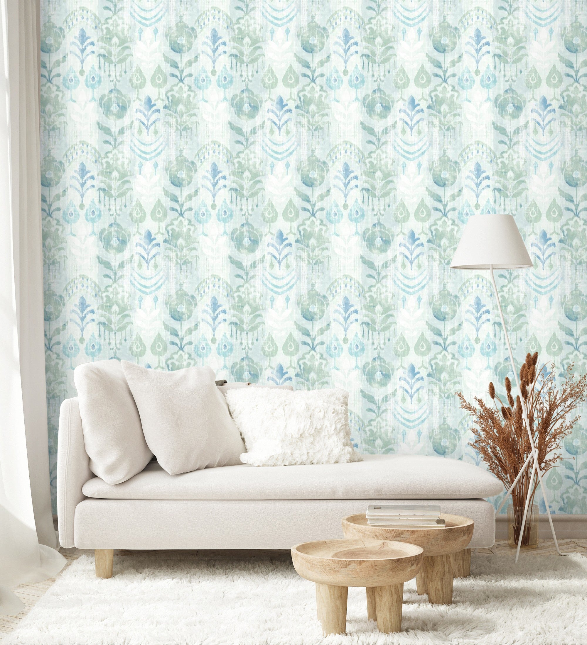 Papier peint à fleurs motif floral ikat style boho, tons vert d eau ...