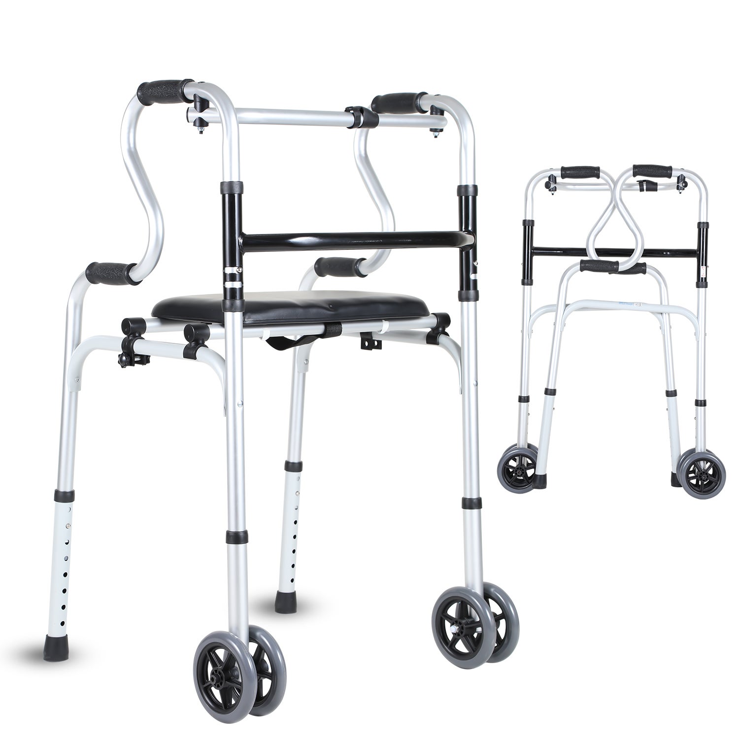 Déambulateur pliable en aluminium étroit avec siège, 4 roues et sac ...