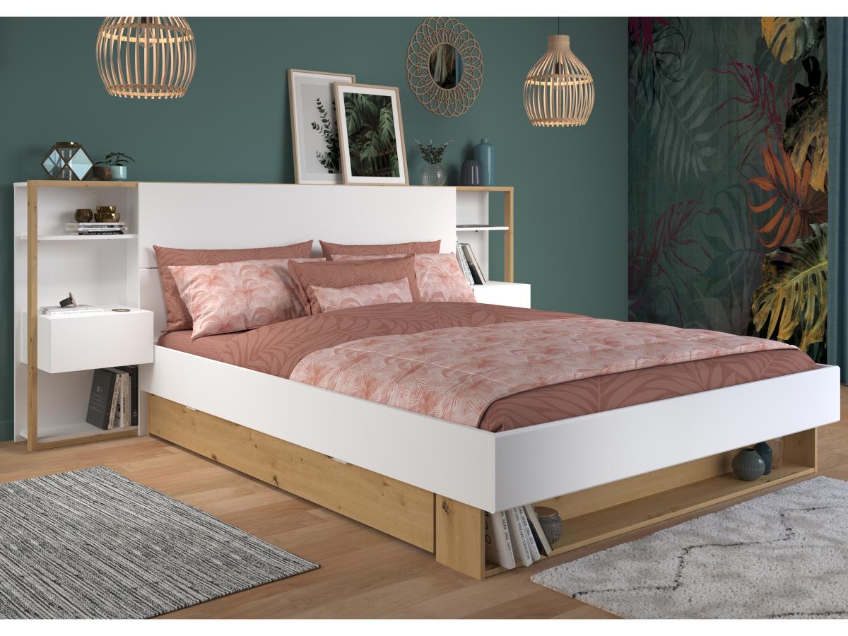 Letto con comodini e scomparti 160 x 200 cm Bianco e Naturale - MISTA ...