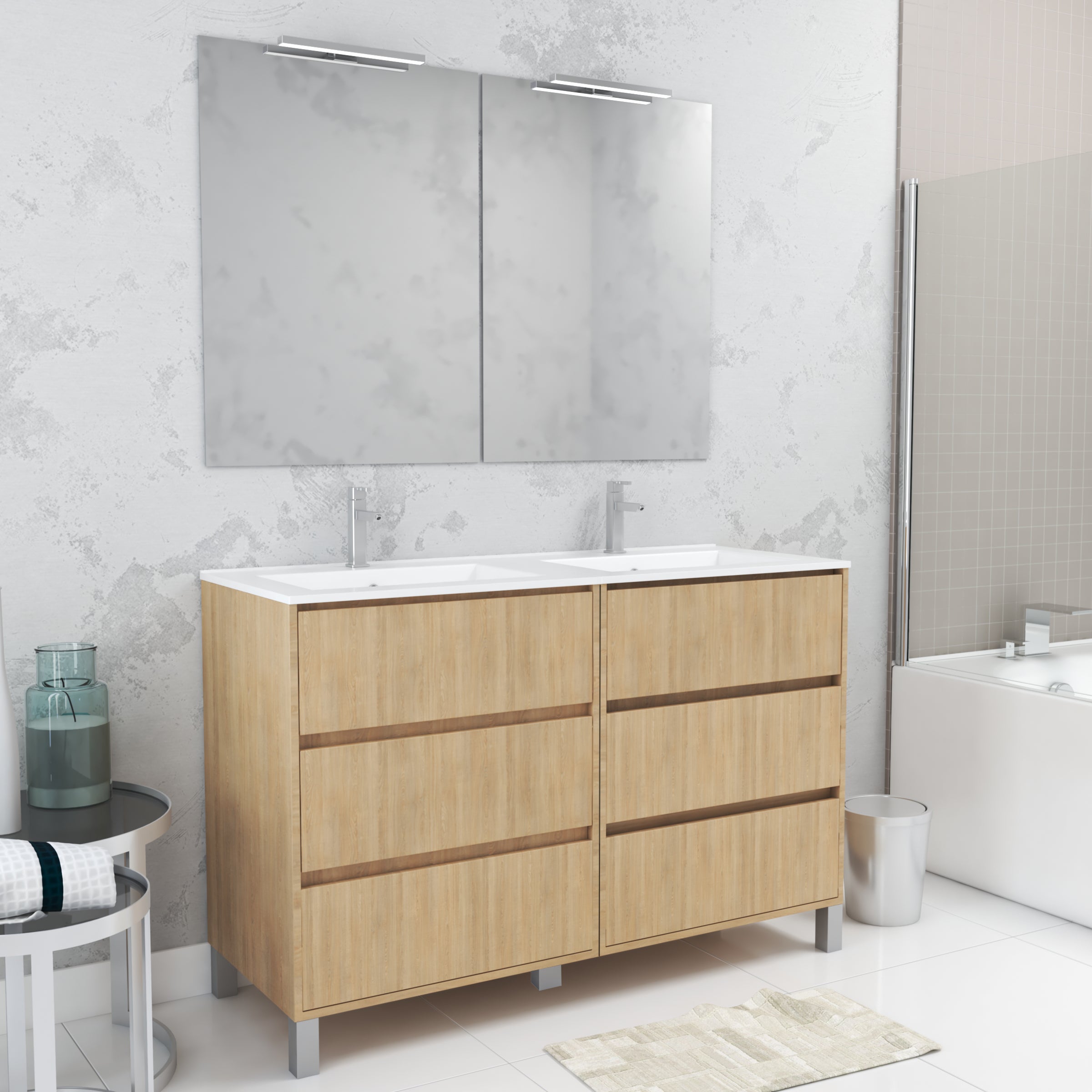 Mueble de Baño 120cm Roble Claro 6 Cajones, Lavabo, 2 Espejos 60x80 con ...