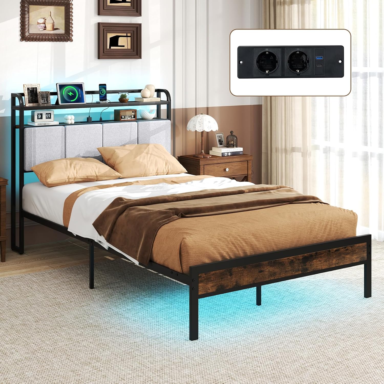 Letto Matrimoniale 220 x 140 cm con Luci LED a Telecomando, Struttura ...