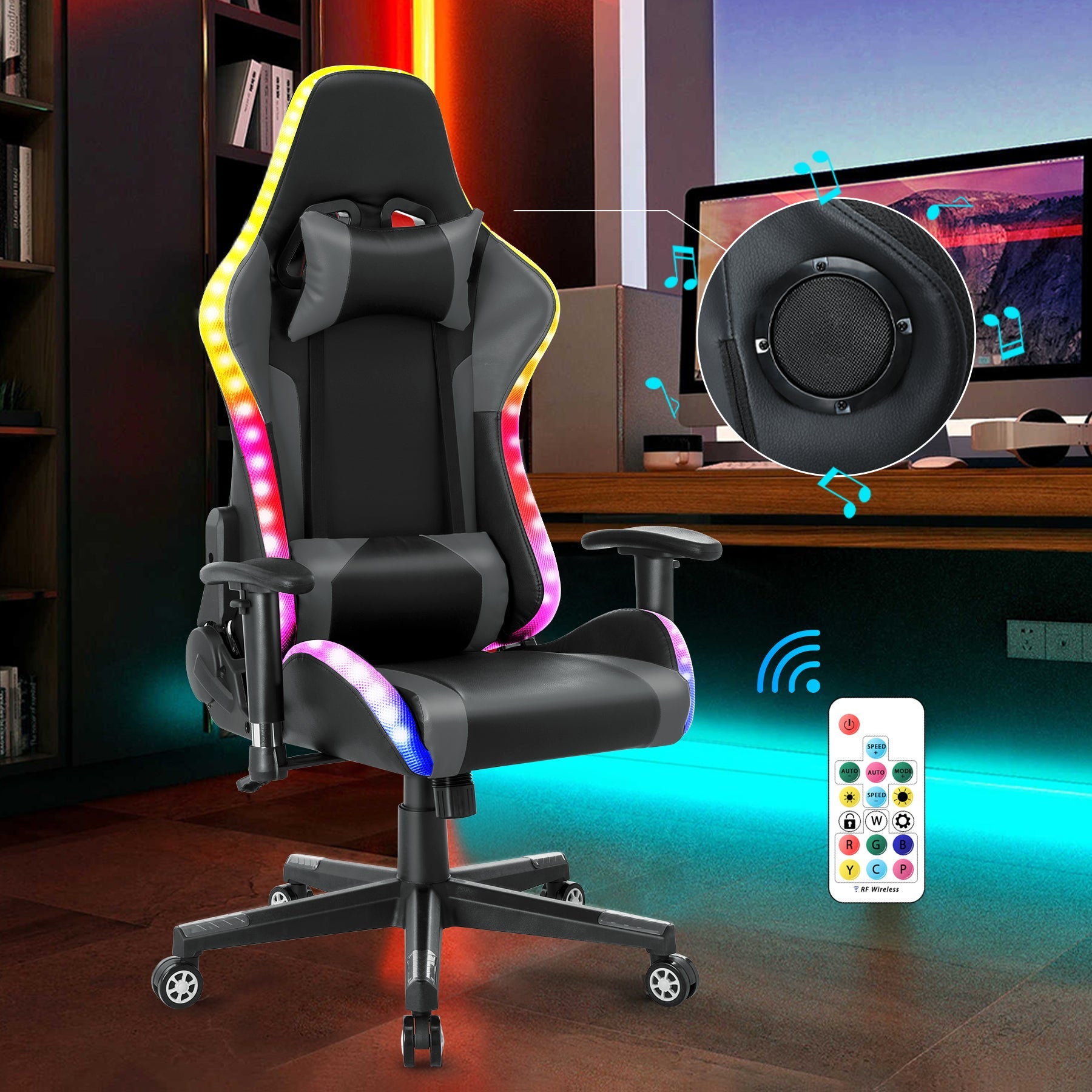 Chaise Gaming avec lumière LED et Bluetooth Fauteuil Gamer avec haut ...