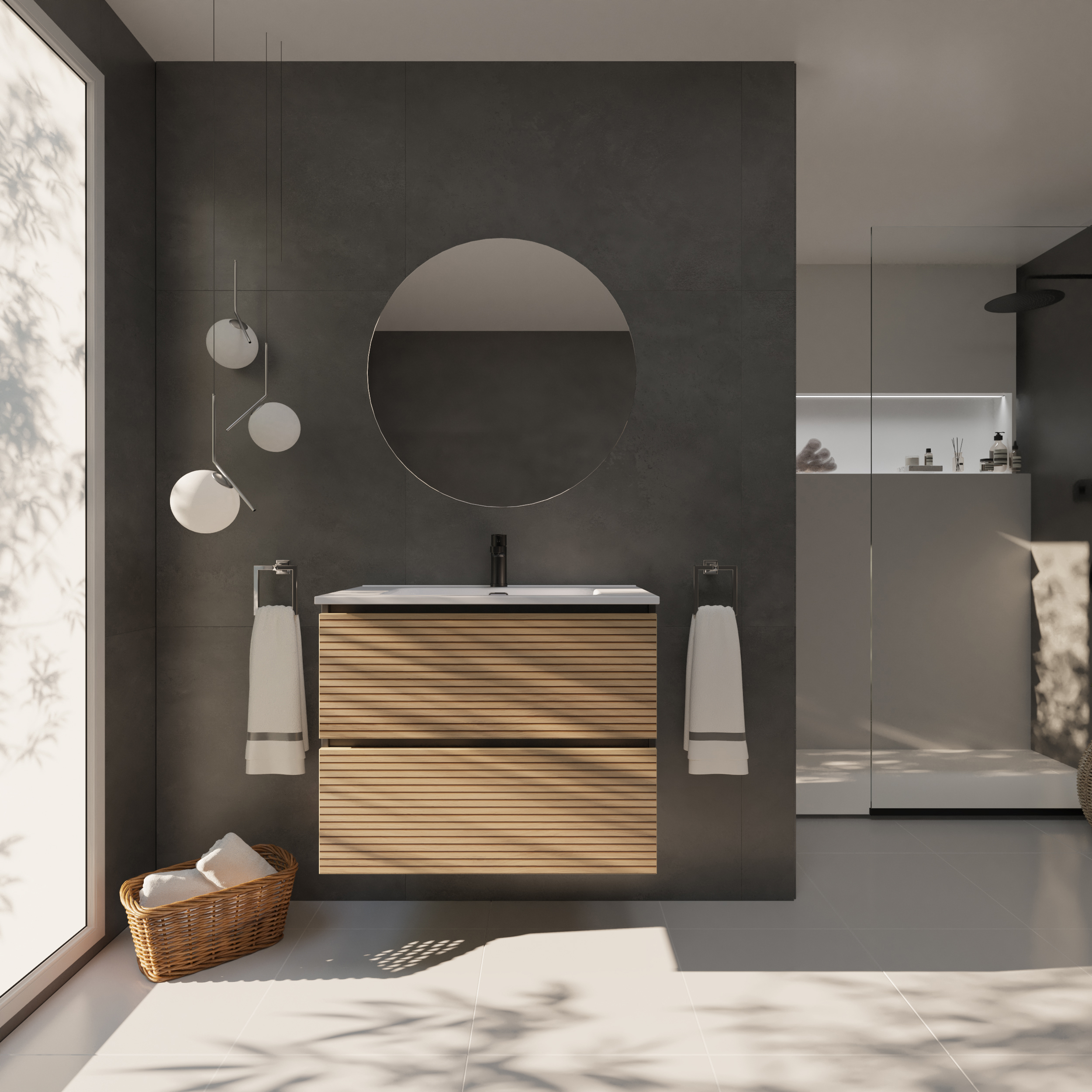 CONJUNTO DE BAÑO YINU | MUEBLE DE BAÑO SUSPENDIDO | 80 CM NEGRO - SOLOMON | DOS CAJONES | CON ...