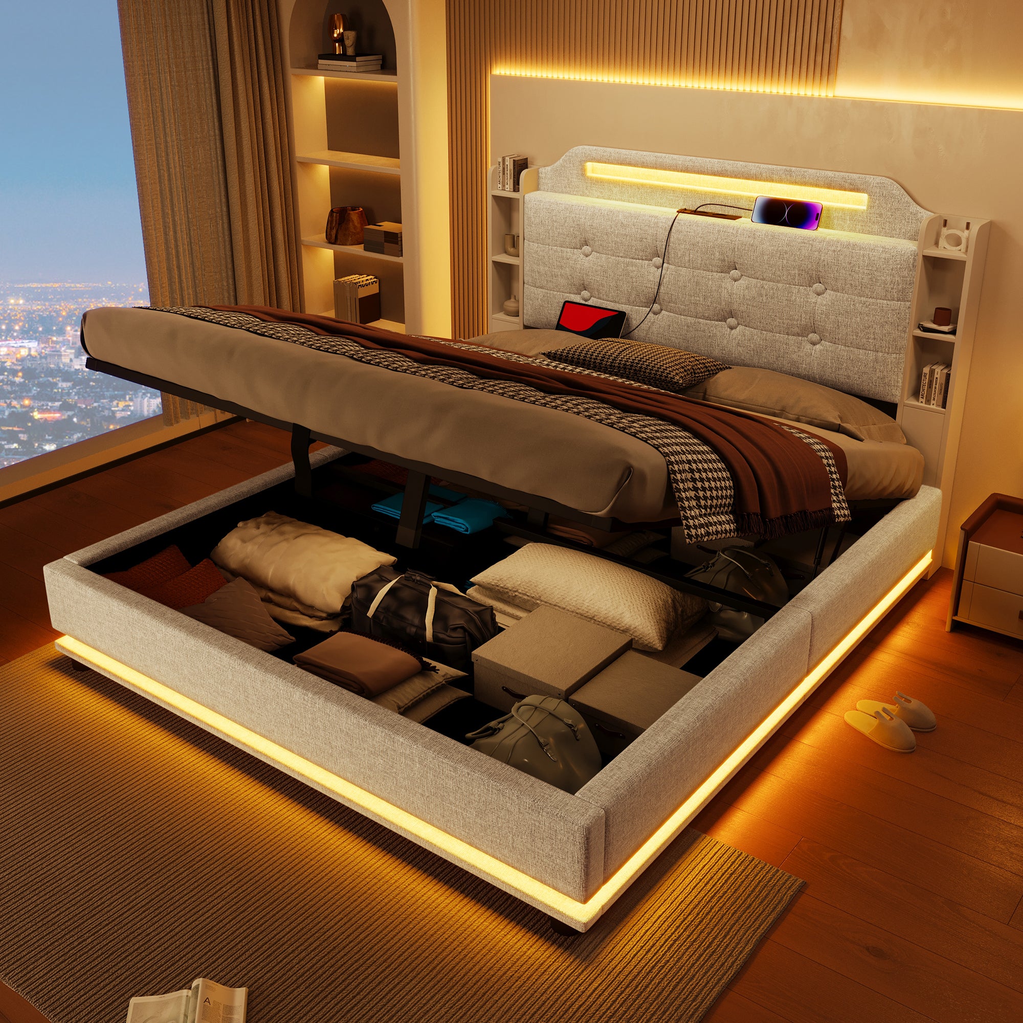 Lit capitonné 140x200cm - Avec bande LED, espace de rangement ...