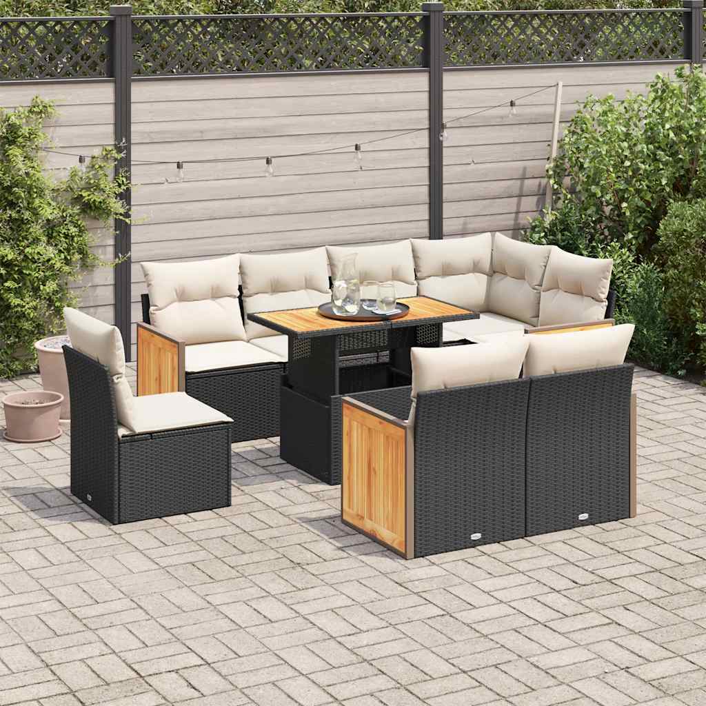 Salon de jardin avec coussins 9 pcs noir résine tressée acacia | Leroy ...