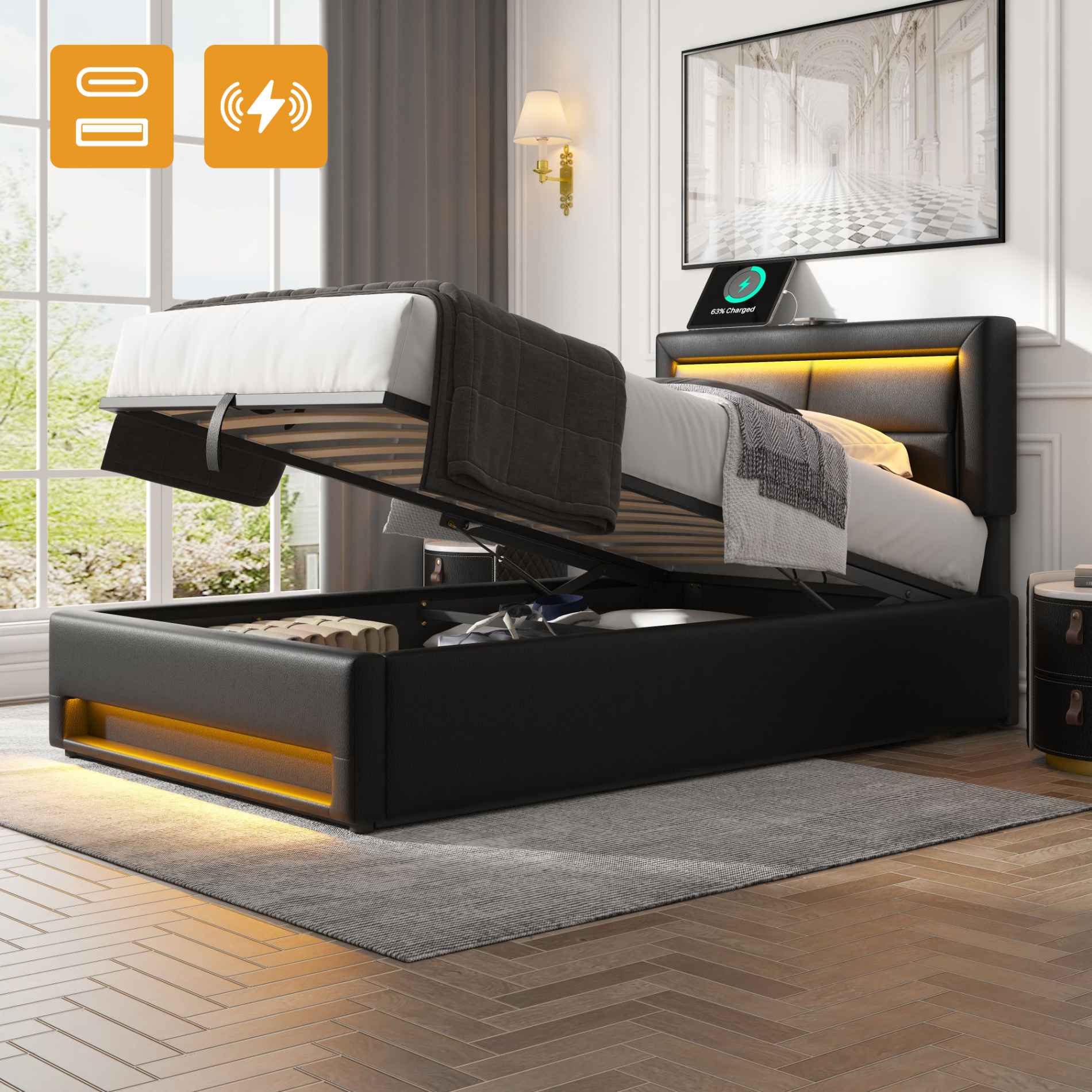 Lit Polster avec USB, 90 x 200 cm, Chargement sans Fil et Câblé ...
