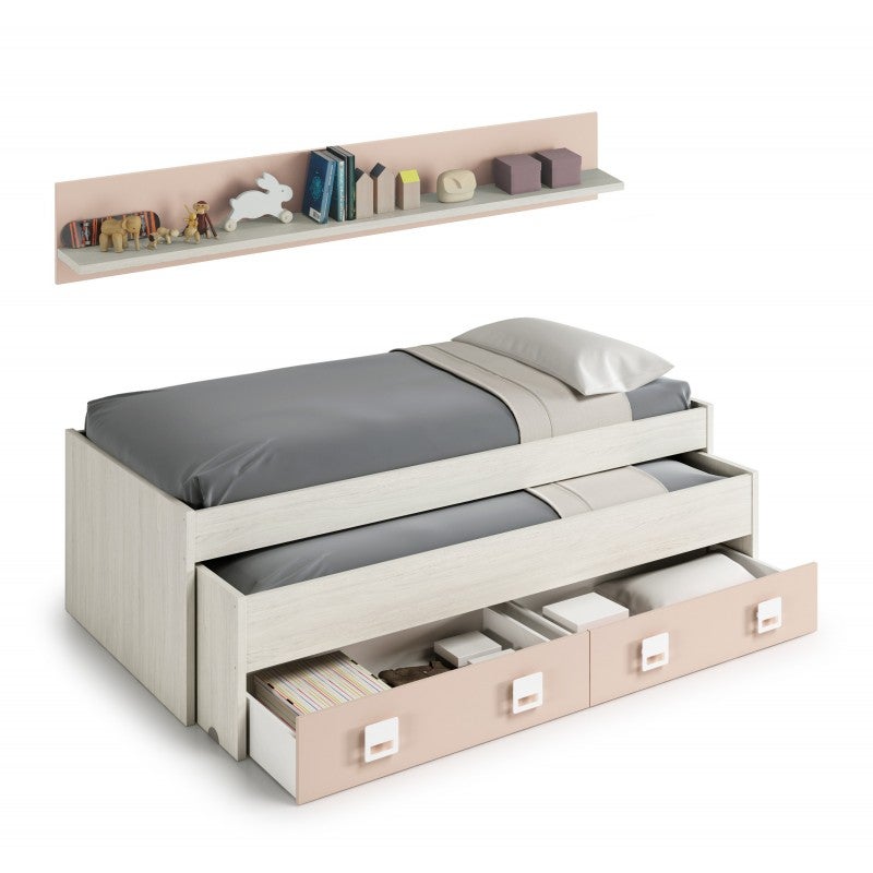 Lit + étagère aggloméré rose + somm tap, sommiers +matelas 65x199x96cm ...