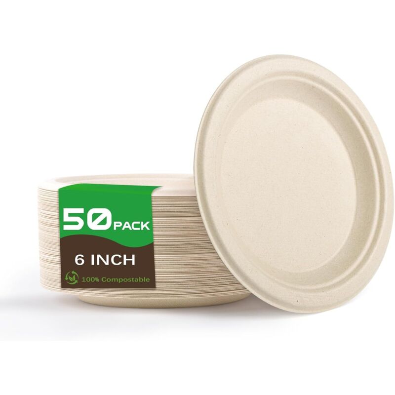 Lot de 50 assiettes jetables, rondes en canne à sucre, vaisselle en ...