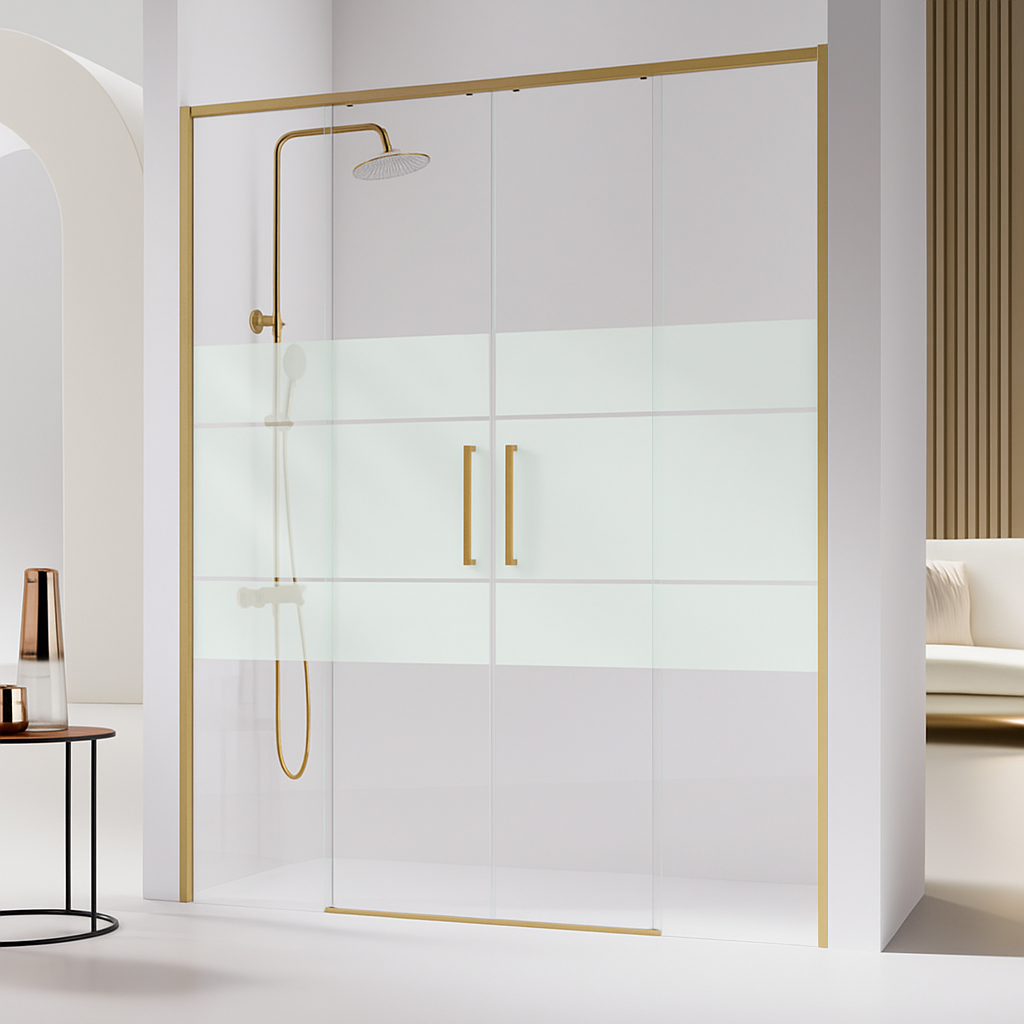 Mampara de ducha frontal DELTA - Oro cepillado - 149-151,6 cm - 2 cristales fijos + 2 puertas ...