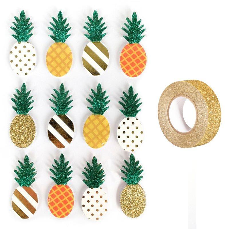12 stickers 3D Ananas 4,5 cm + masking tape doré à paillettes 5 m ...