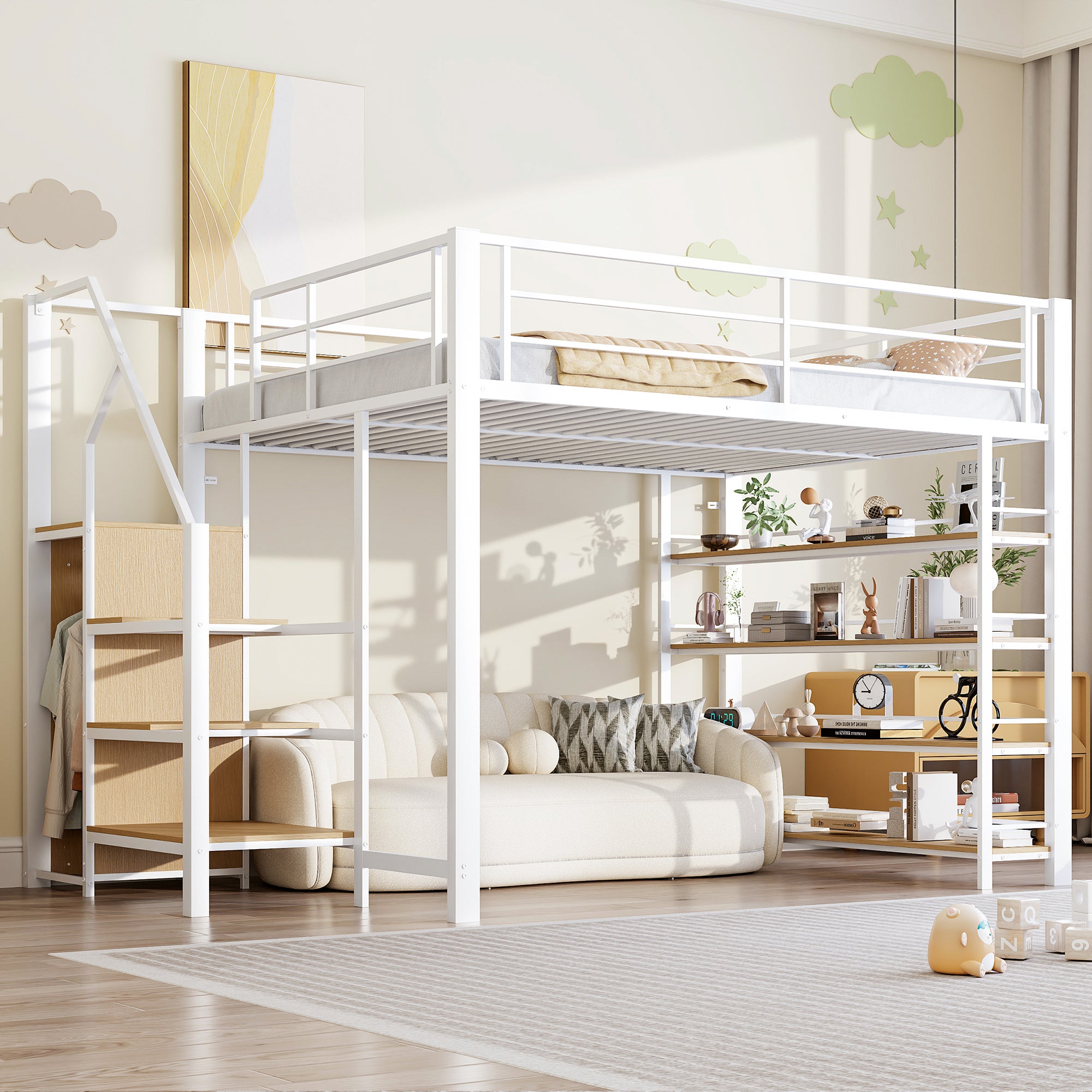 Lit mezzanine 140 x 200 cm avec étagères et petite penderie - MDF ...