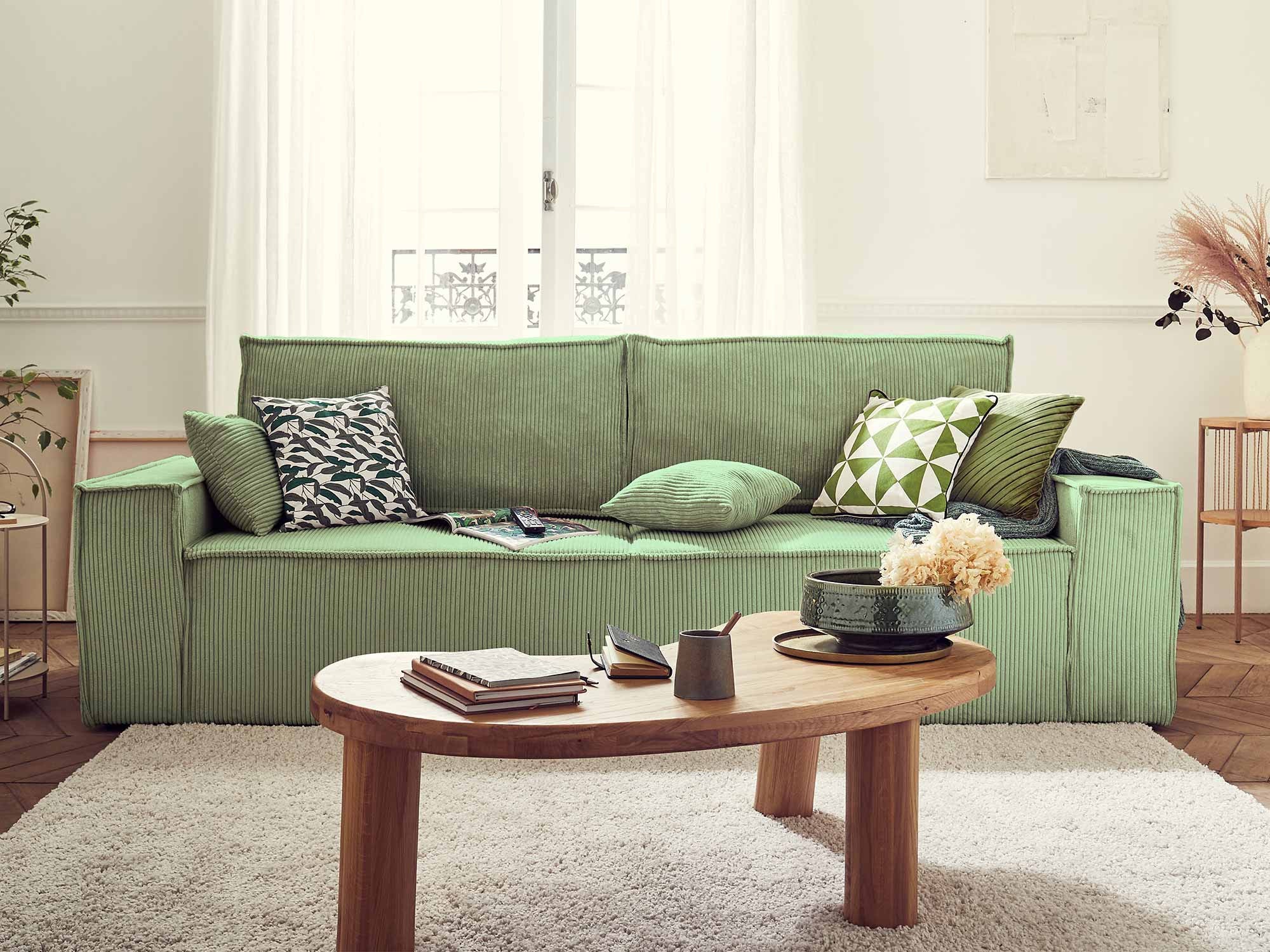 Canapé droit convertible 3 places en velours côtelé vert sauge | Leroy ...
