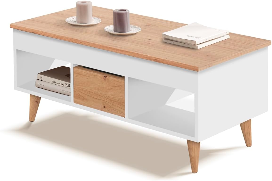 Mesa Centro Elevable con Cajón Deslizante y huecos de almacenaje, Color Blanco y Madera. Medidas ...