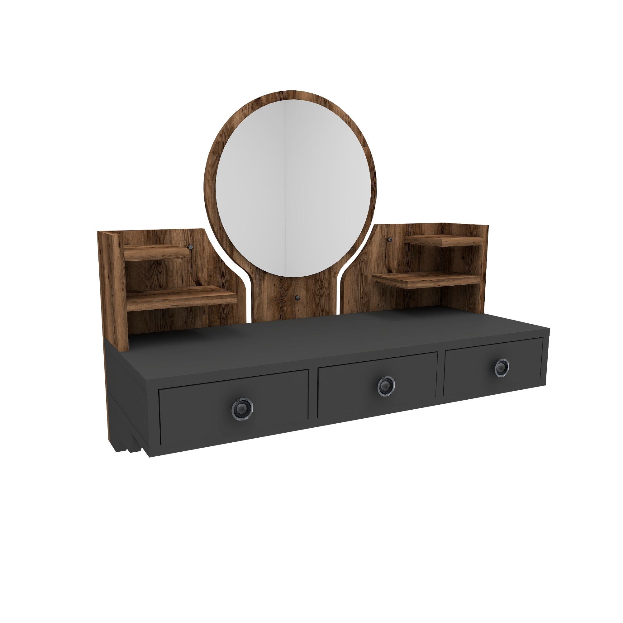 Coiffeuse murale 1 miroir et 3 tiroirs avec étagères Aruna Bois foncé ...
