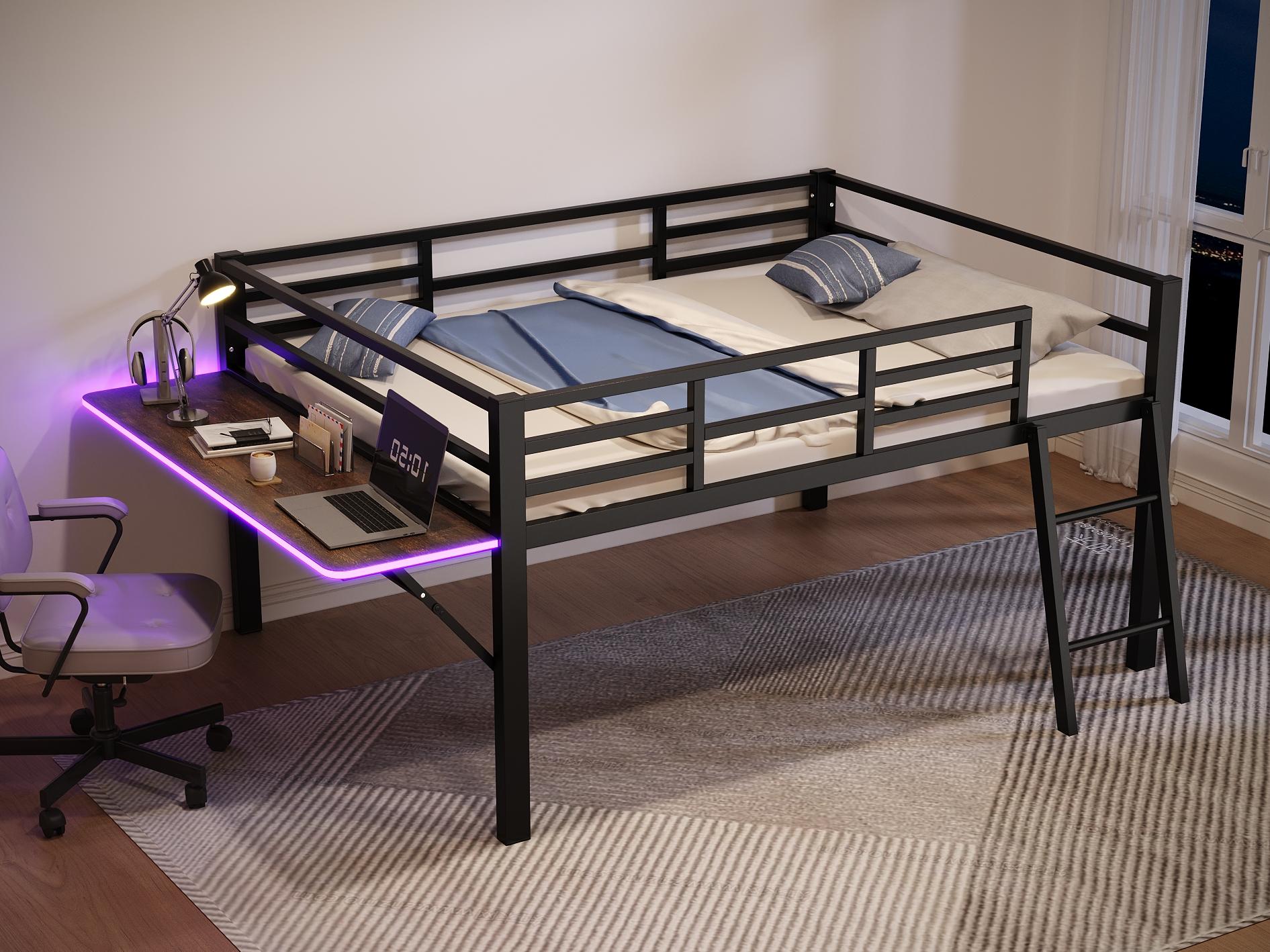 Lit mezzanine 140x200cm en métal avec LED - avec bureau abattant et ...